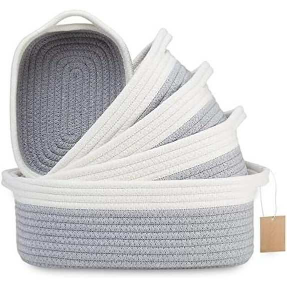 5-Piece Rectangle Storage Basket Set- Natural Cotton Rope Woven Baskets ...