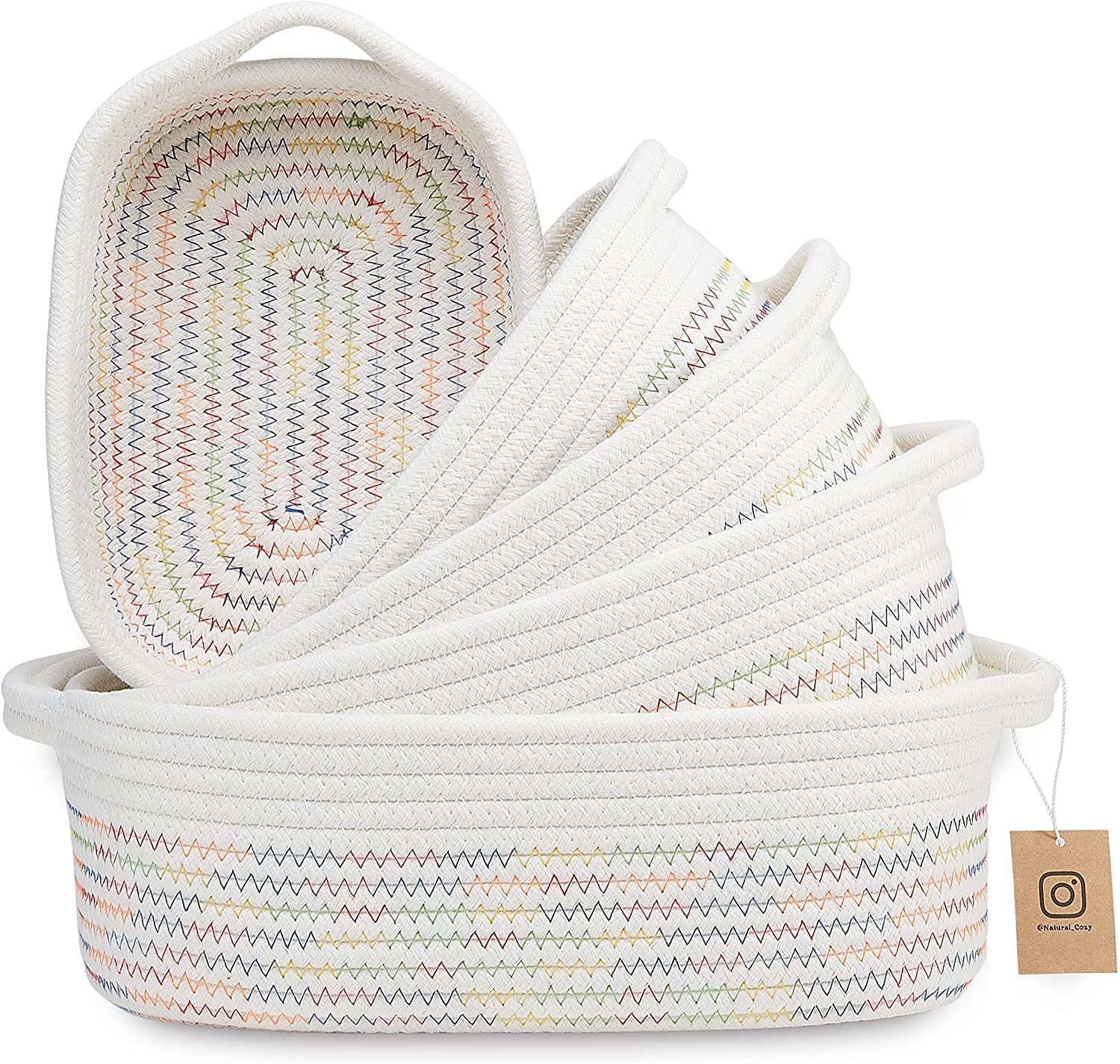 5-Piece Rectangle Storage Basket Set- Natural Cotton Rope Woven Baskets ...