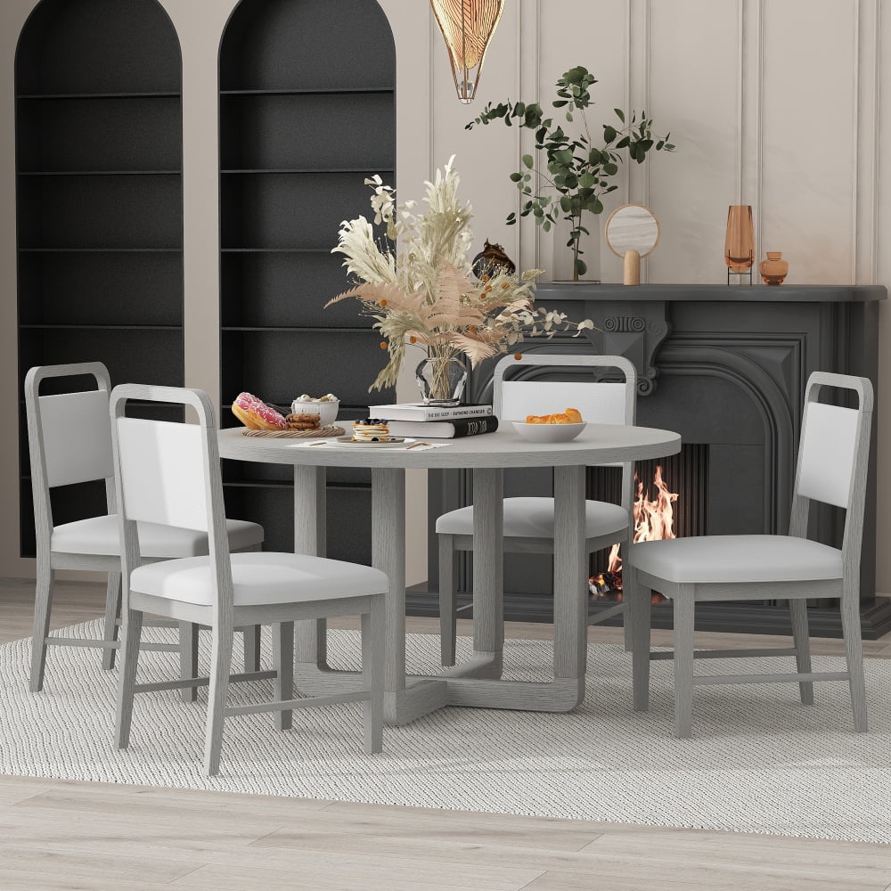 5-Piece Retro Dining Set, Round Table Top with Radial Wood Grain Design ...