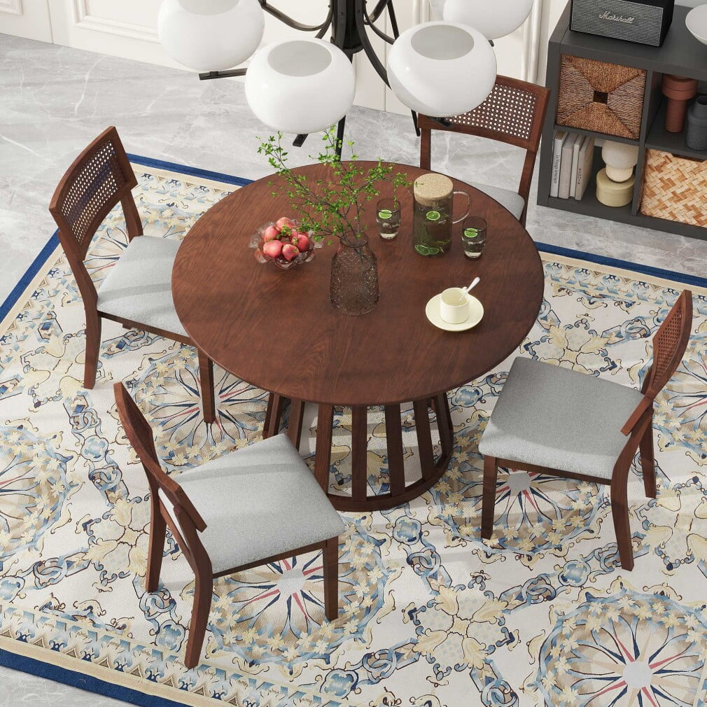 5-Piece Retro Dining Set with 1 Round Dining Table and Rectangle Rattan ...