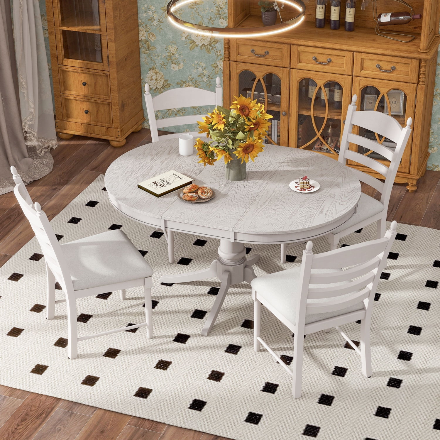 5 Piece Retro Dining Table Set for 4 Wood Round Extendable Dining Table and 4 Upholstered Dining Chairs Kitchen Table Set for Dining Room Living Room Antique White Walmart