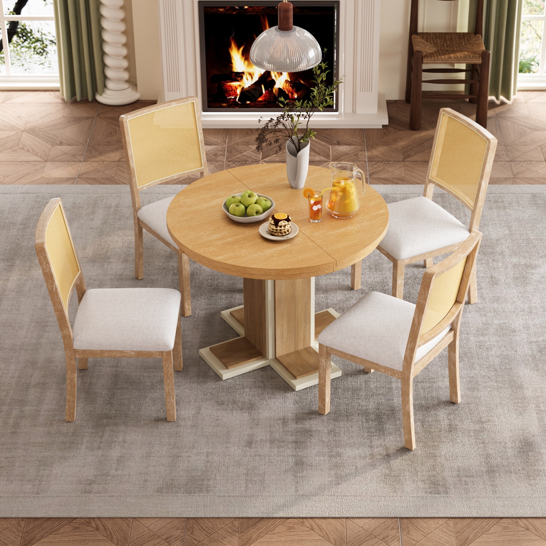 5 Piece Retro Dining Table Set, Extendable Round Dining Table Set with ...