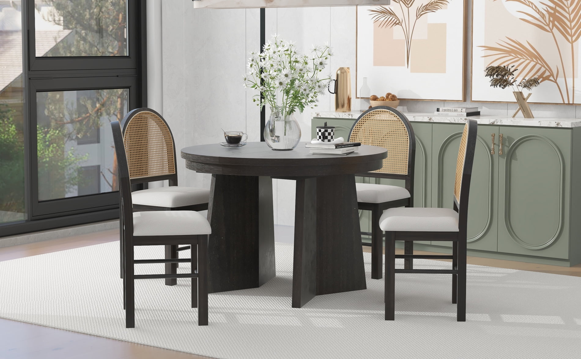 5-Piece Retro Functional Dining Set with 1 Extendable Dining Table and ...