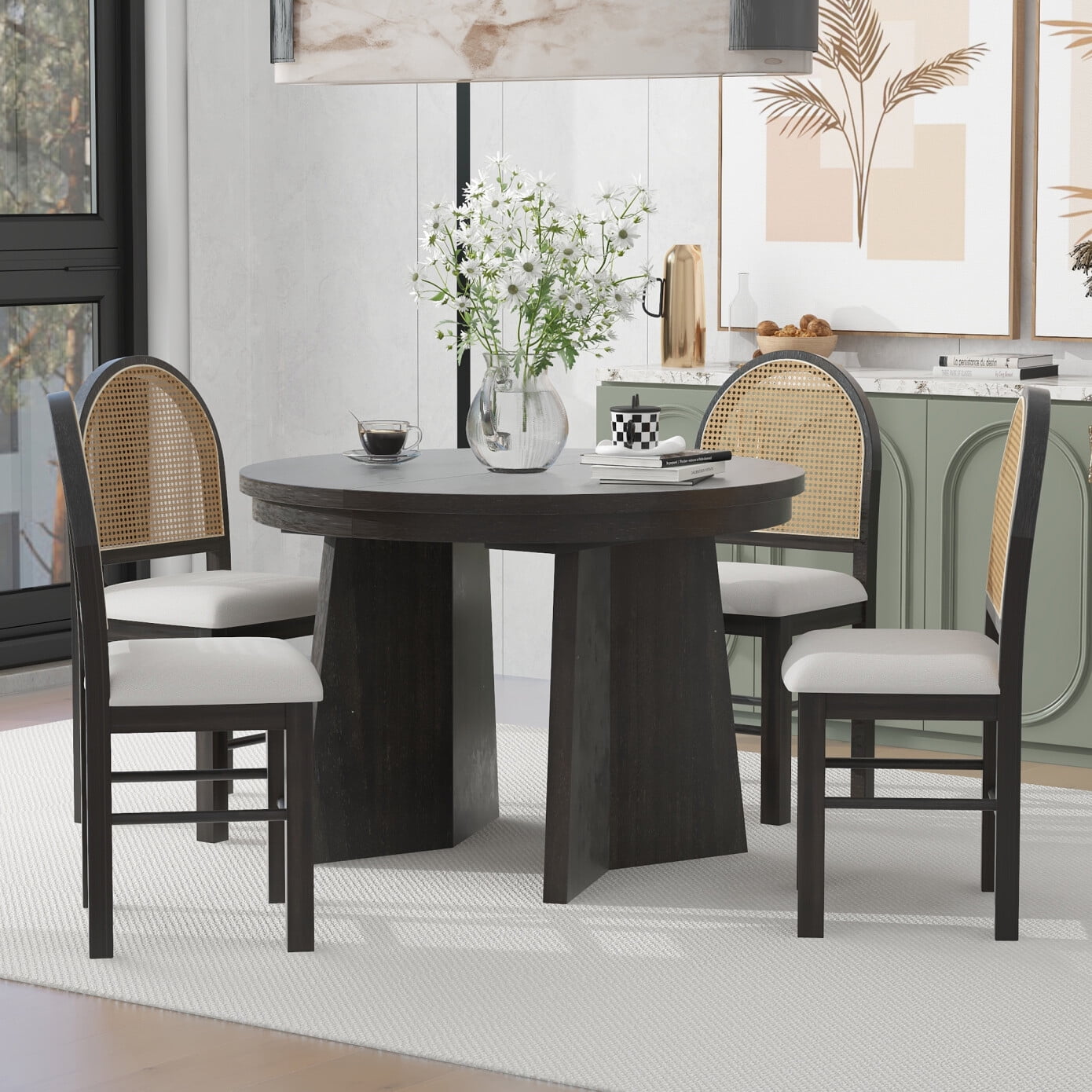 5-Piece Retro Functional Dining Set with 1 Extendable Dining Table and ...
