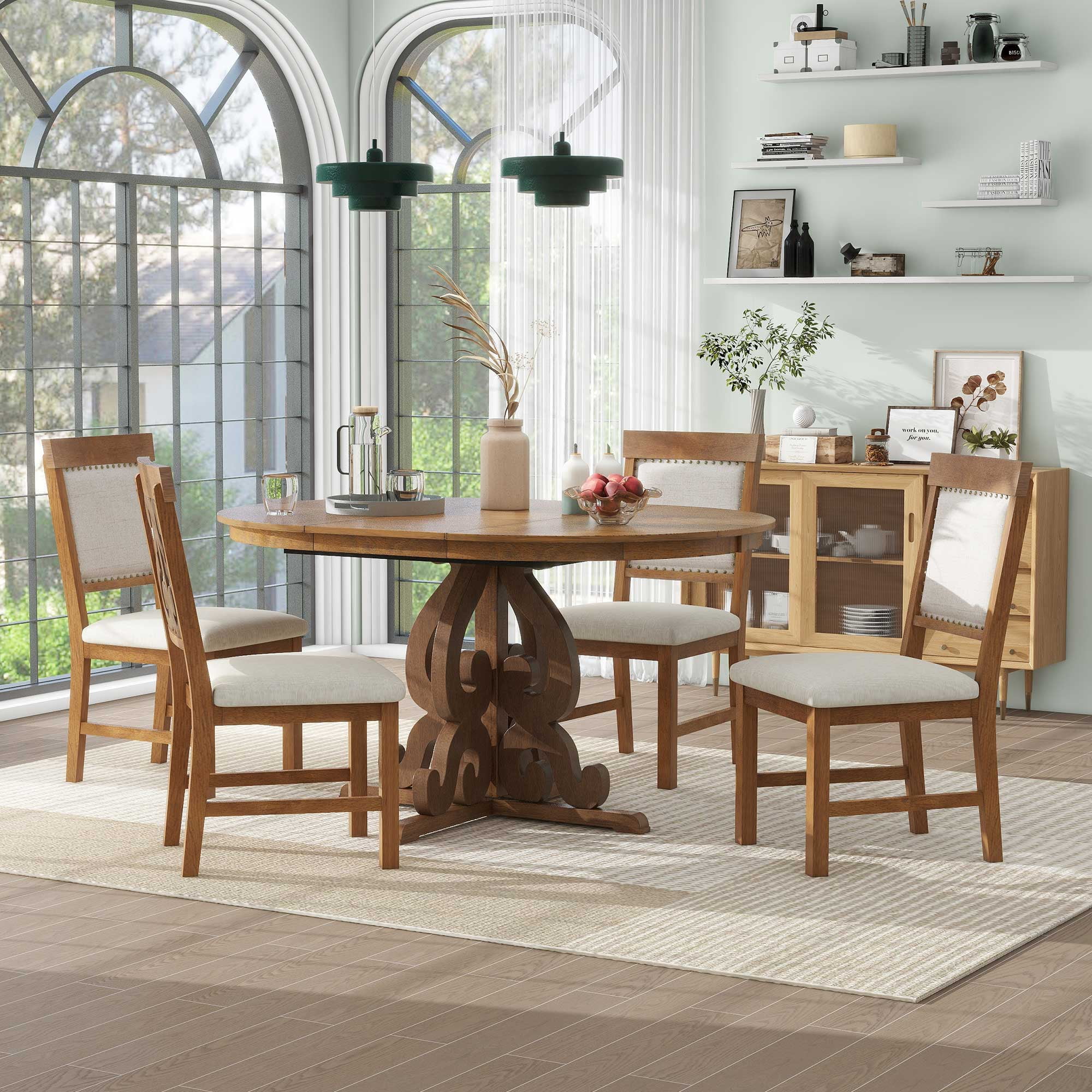 5-Piece Retro Functional Dining Set, 1 Extendable Table with a 16-inch ...