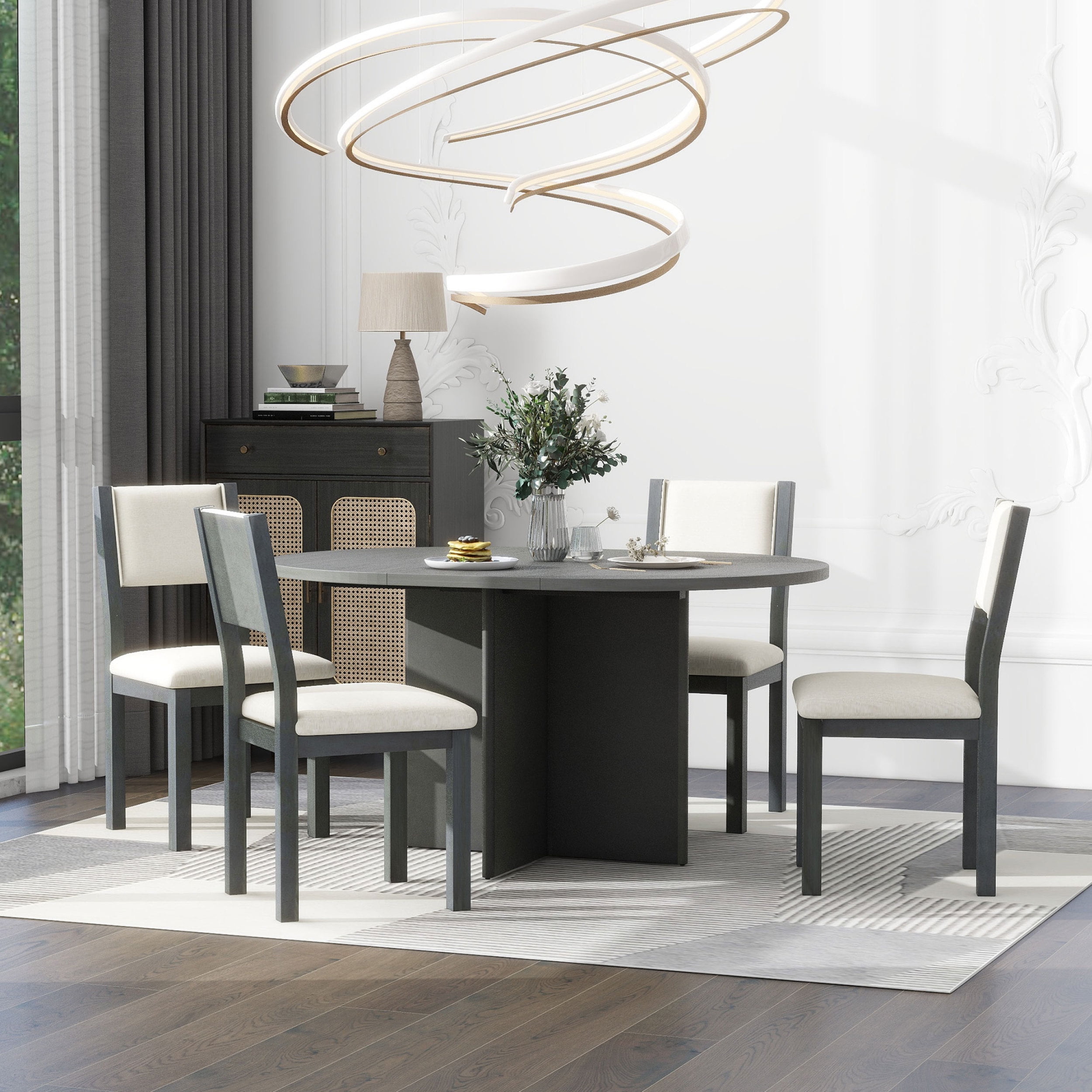 5-Piece Retro Functional Dining Set, 1 Extendable Table with a 16-inch ...