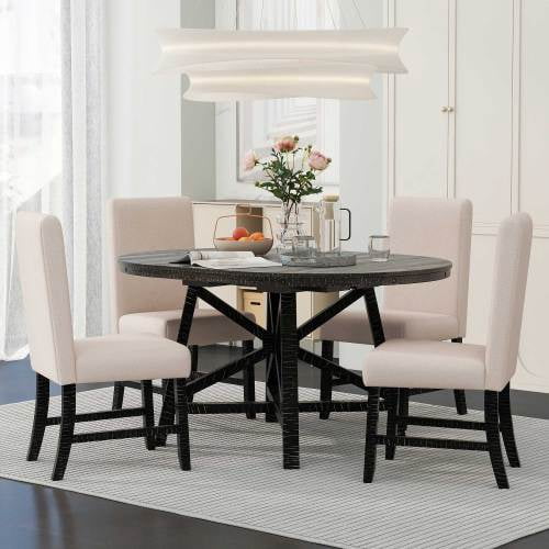 5-Piece Retro Functional Dining Set with Extendable Round Table with ...
