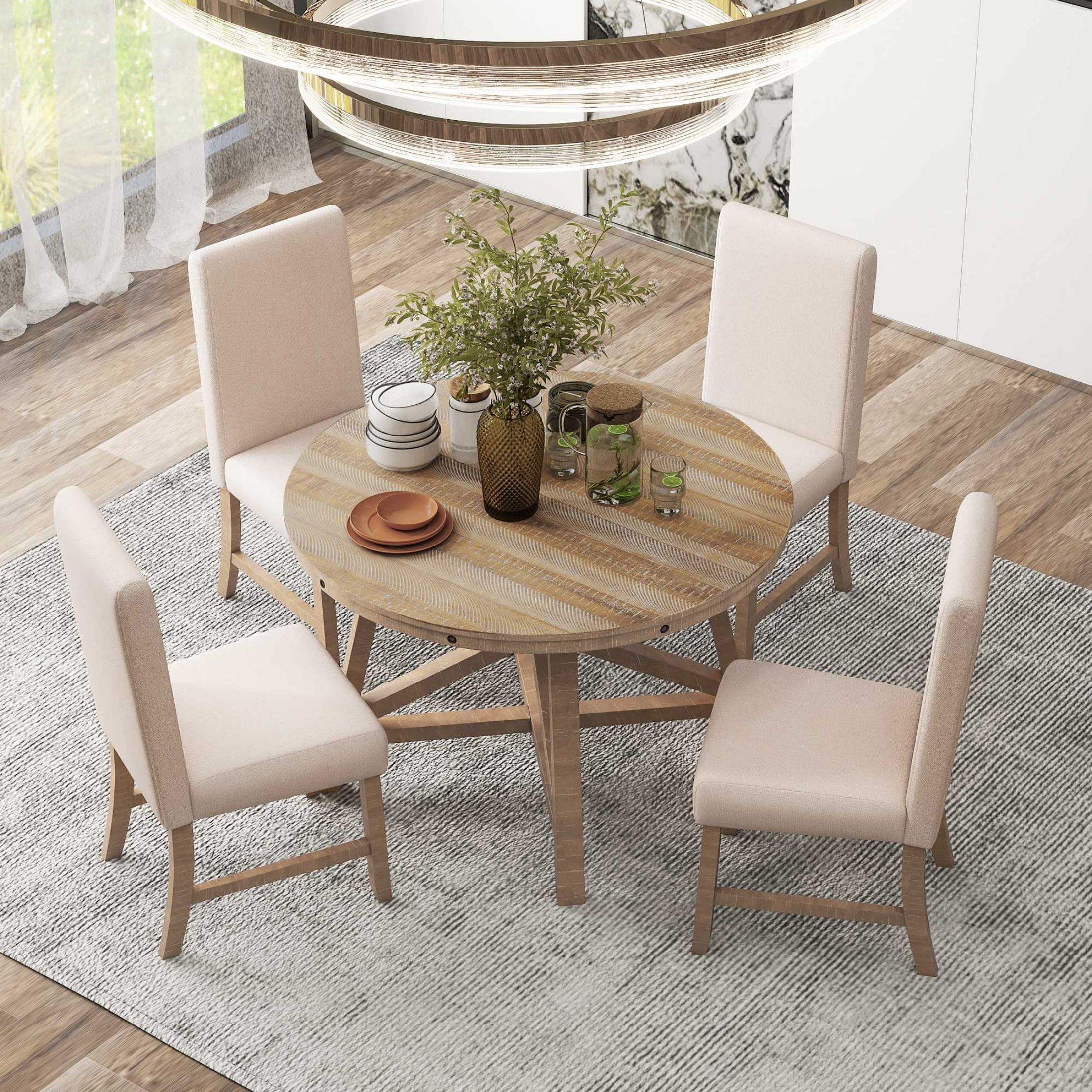5-Piece Retro Functional Dining Set with Extendable Round Table with ...