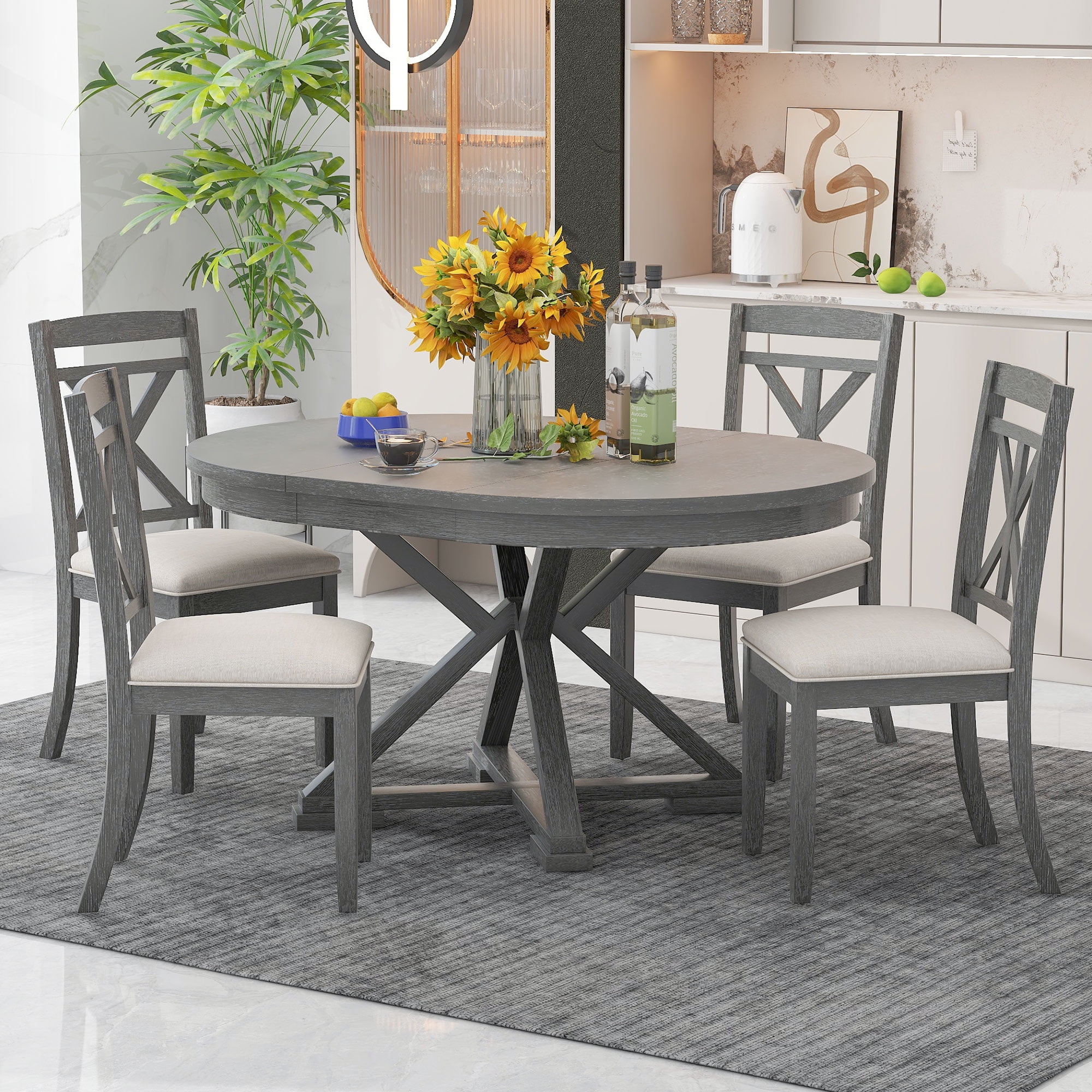 5-Piece Retro Functional Dining Table Set Extendable Round Table and 4 ...