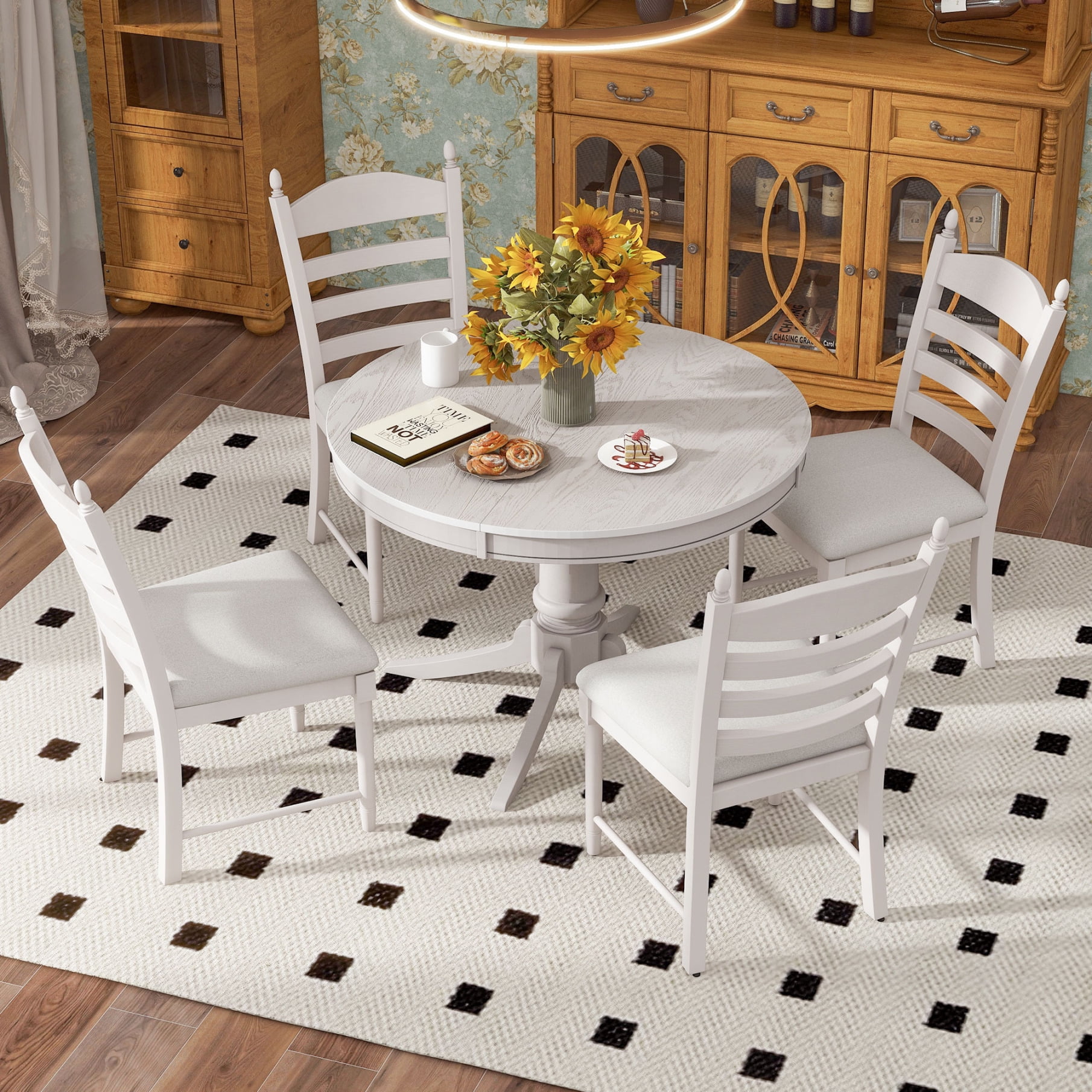 5-Piece Retro Functional Dining Table Set with Wood Round Extendable ...