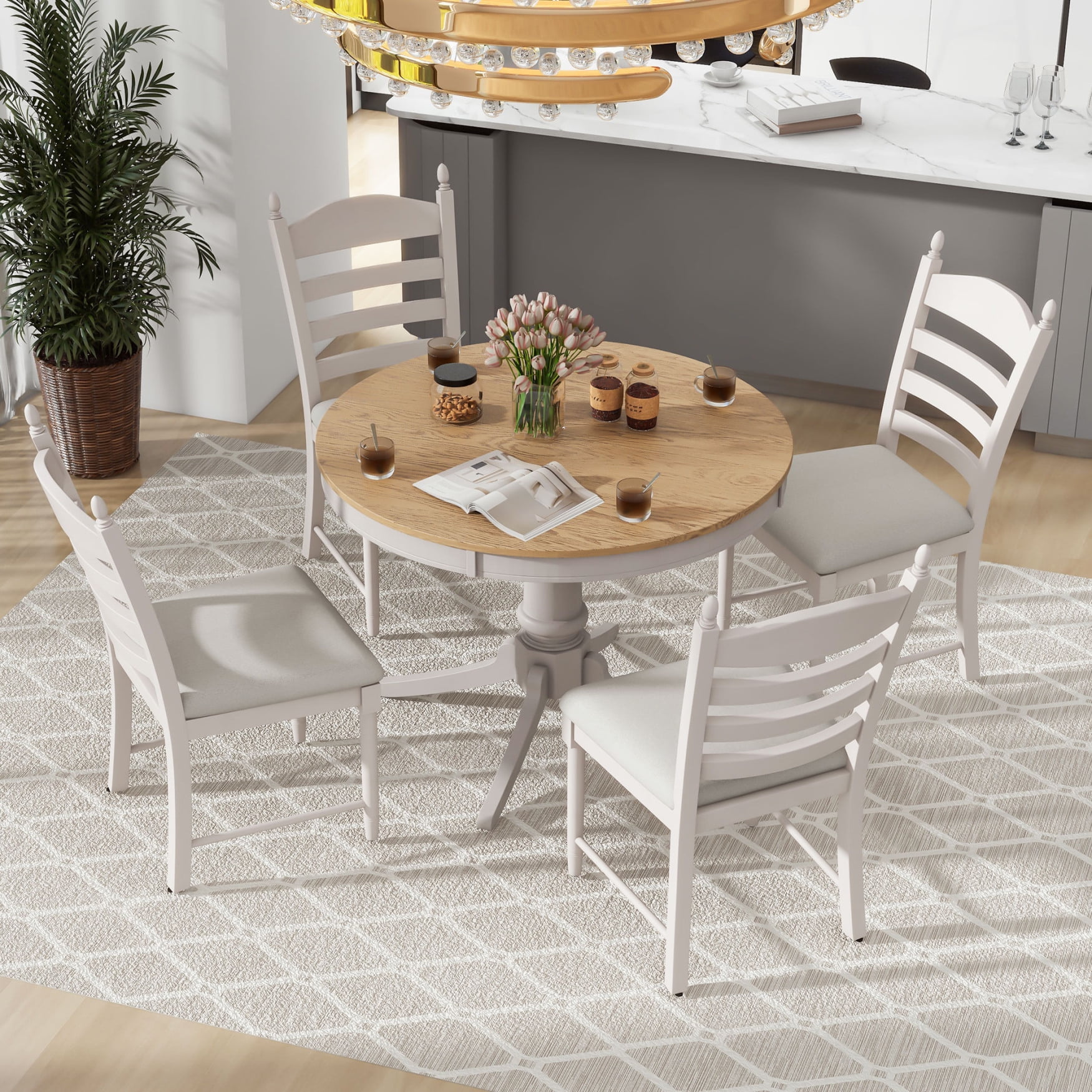 5-Piece Retro Functional Dining Table Set with Wood Round Extendable ...
