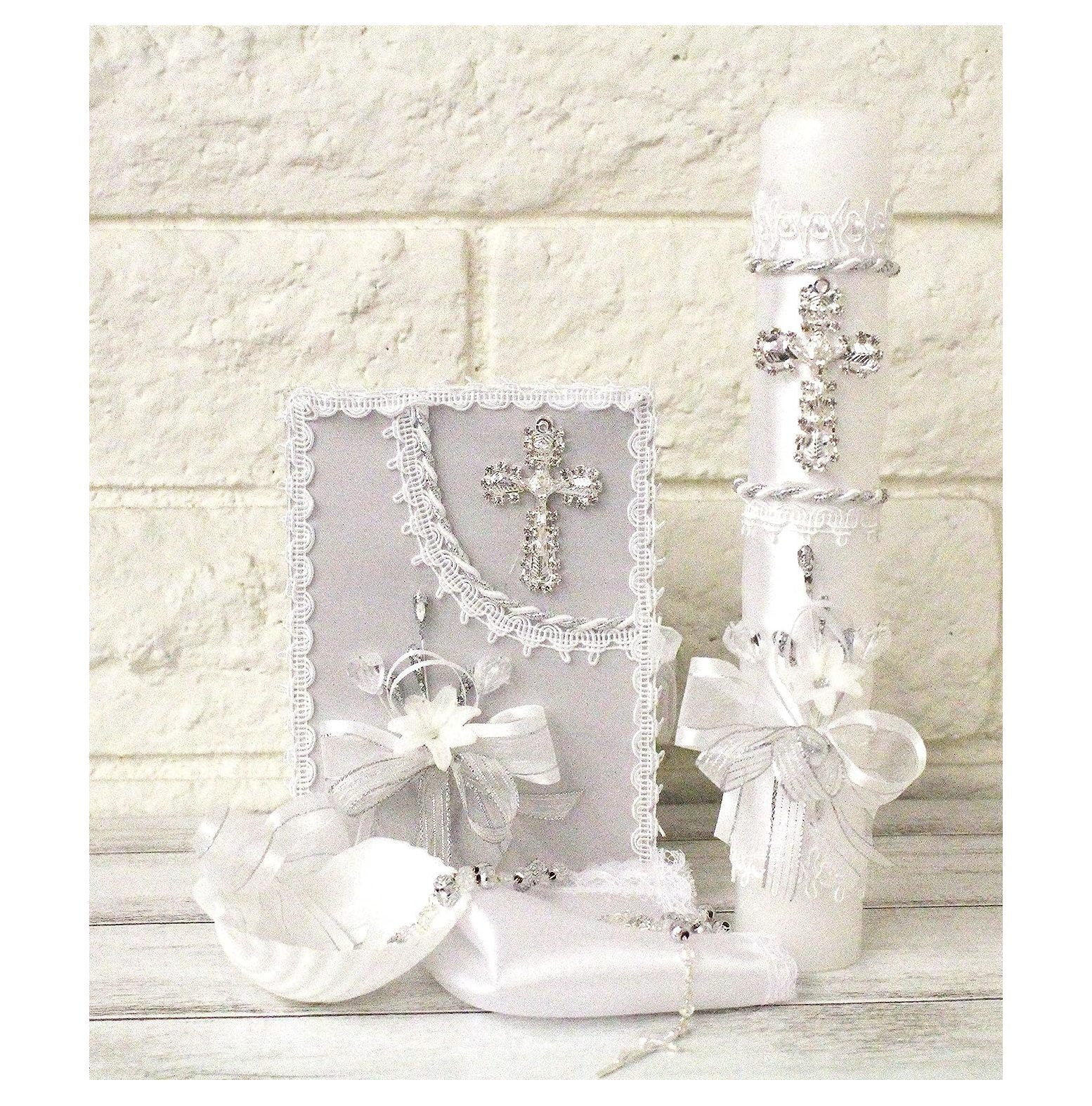 5 Piece Rhinestone Jesus Cross Beautiful Handmade Baptism Christening Shells Candle Bible Set ...