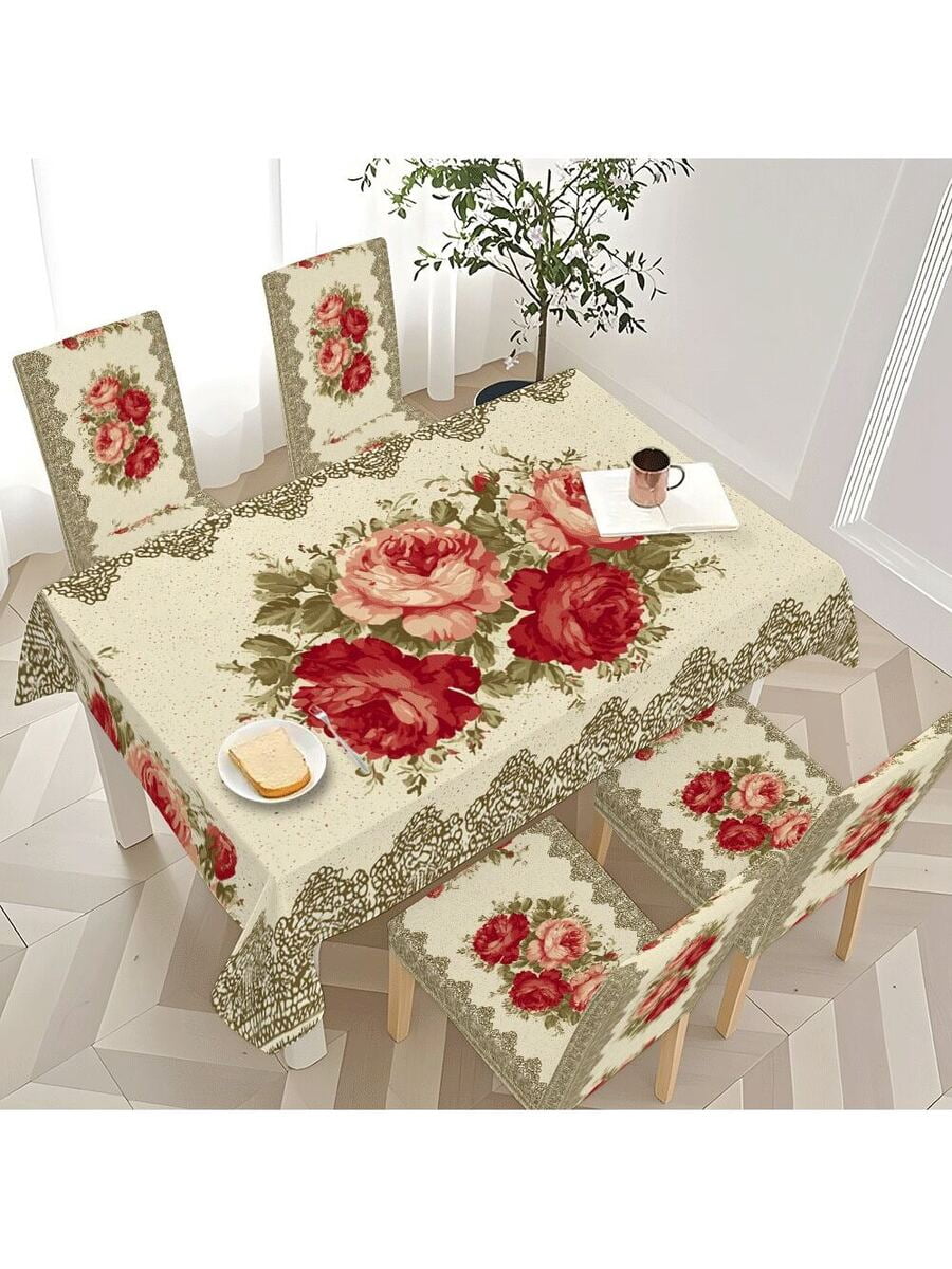 5-Piece Rose Lace Tablecloth And Chair Set In Beige With Red Pink ...