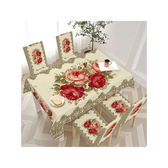 5-Piece Rose Lace Tablecloth And Chair Set In Beige With Red Pink ...