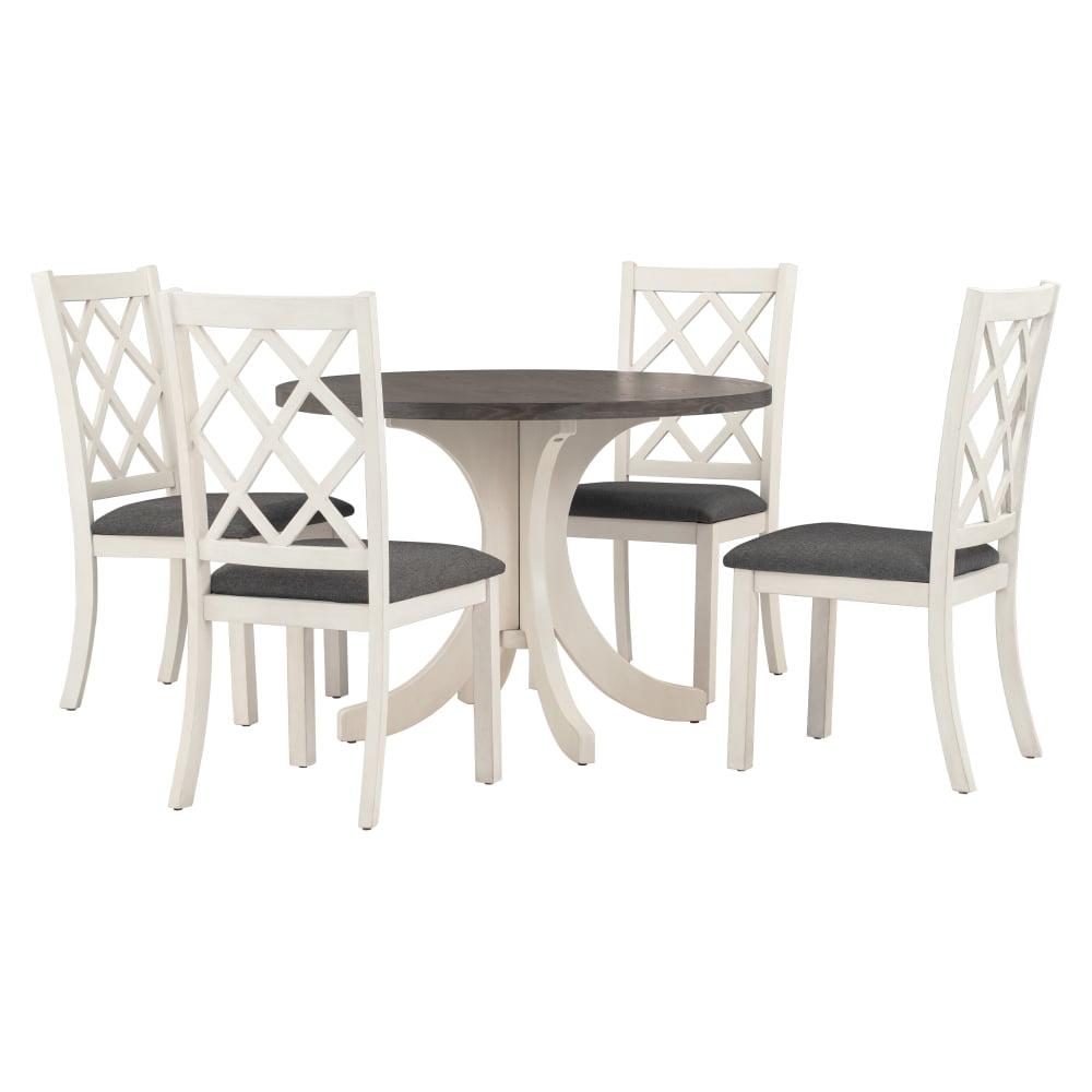 5 Piece Round Dining Table Chair Set, 4 Persons Wood Dining Table with ...