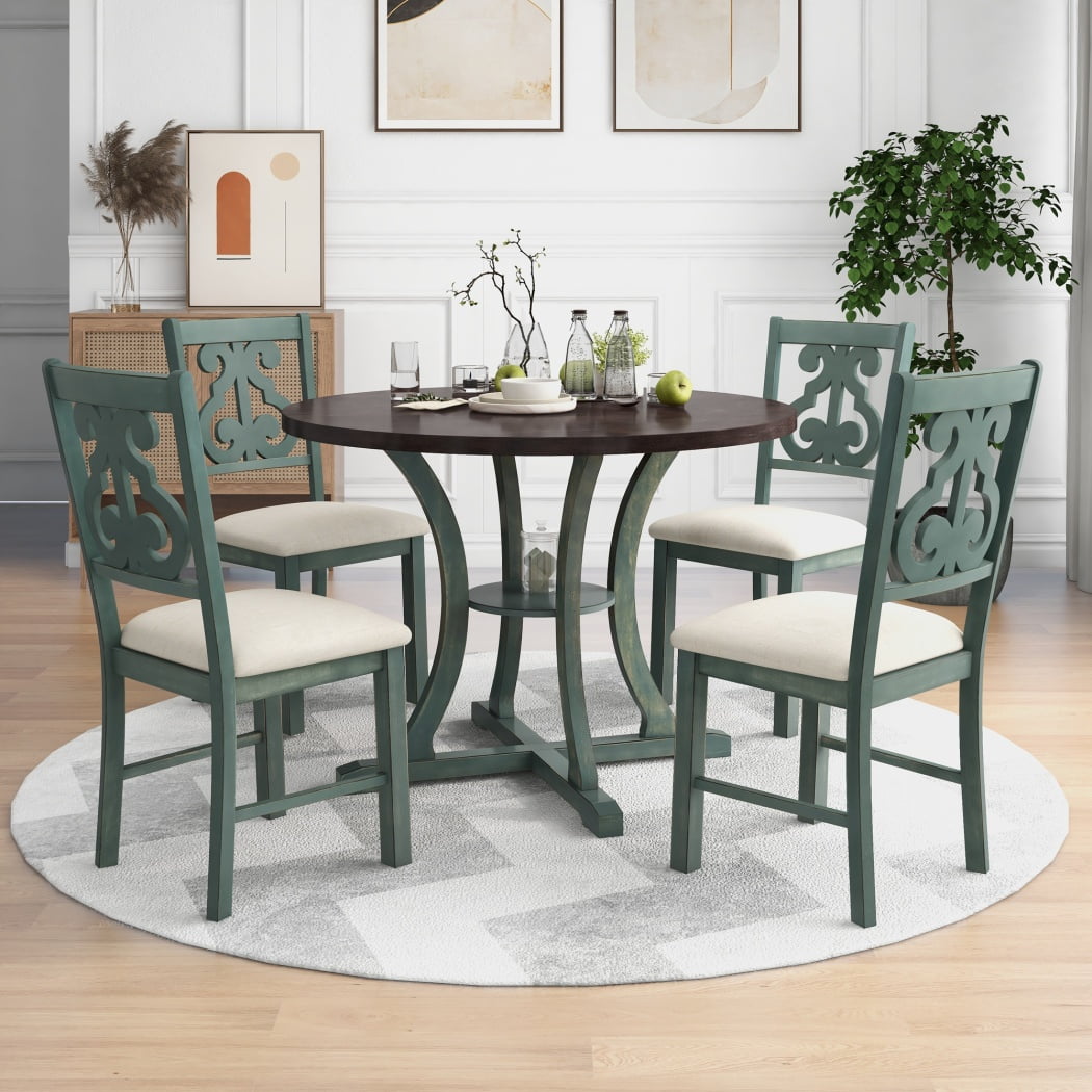 5-Piece Round Dining Table Set for 4, Compact Mid-Century Modern ...