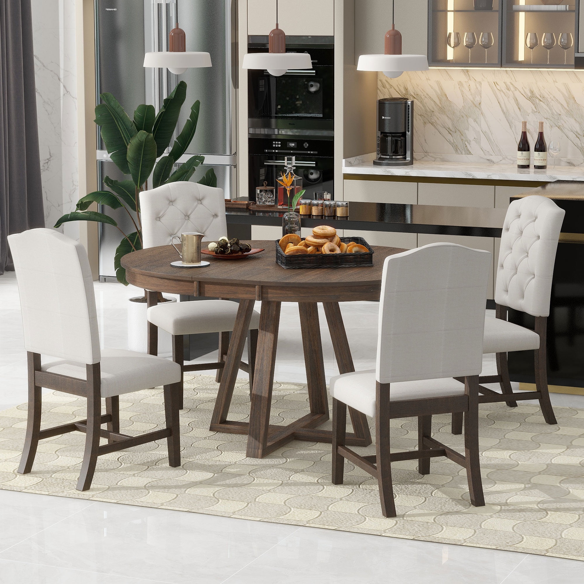 Atumon 5 Piece Round Dining Table Set, Extendable Table and 4 Cushioned ...