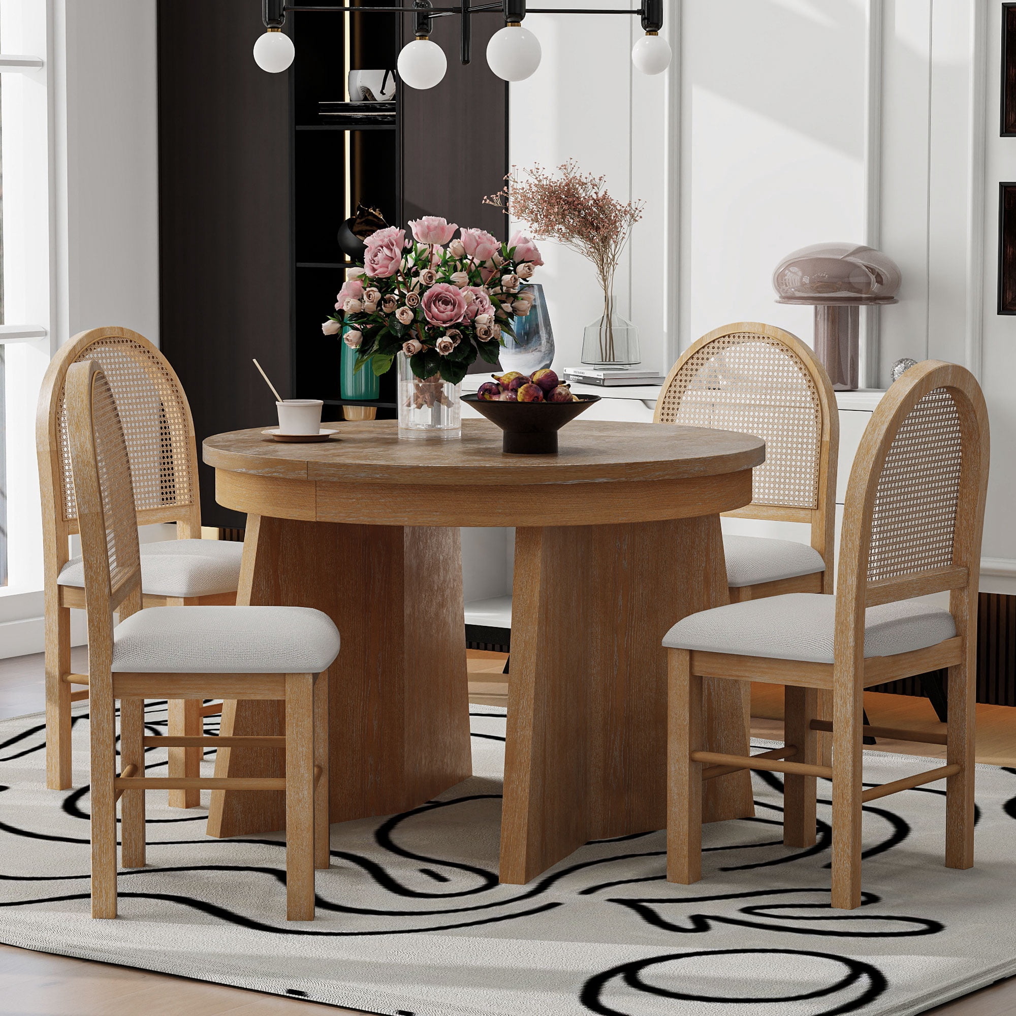 5 Piece Round Dining Table Set, Dining Room Set with Extendable Table ...