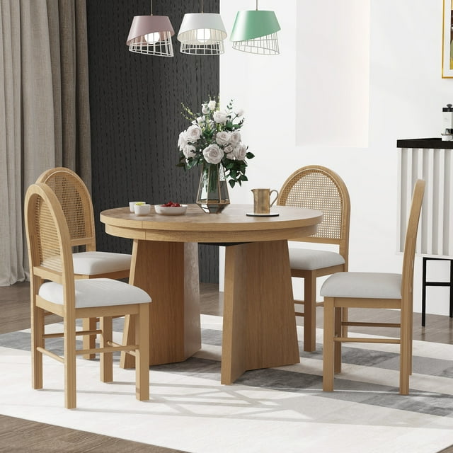 5 Piece Round Dining Table Set, Dining Room Set with Extendable Table ...