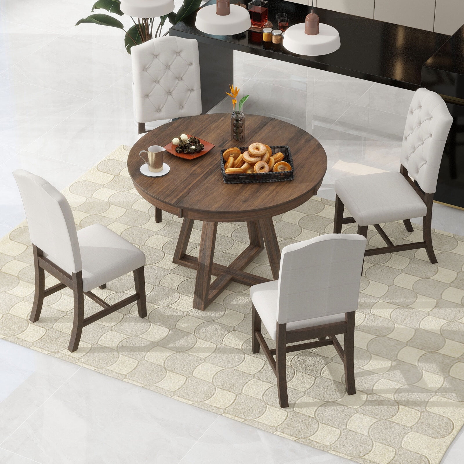 5 Piece Round Dining Table Set, Functional Furniture Retro Style, Round ...