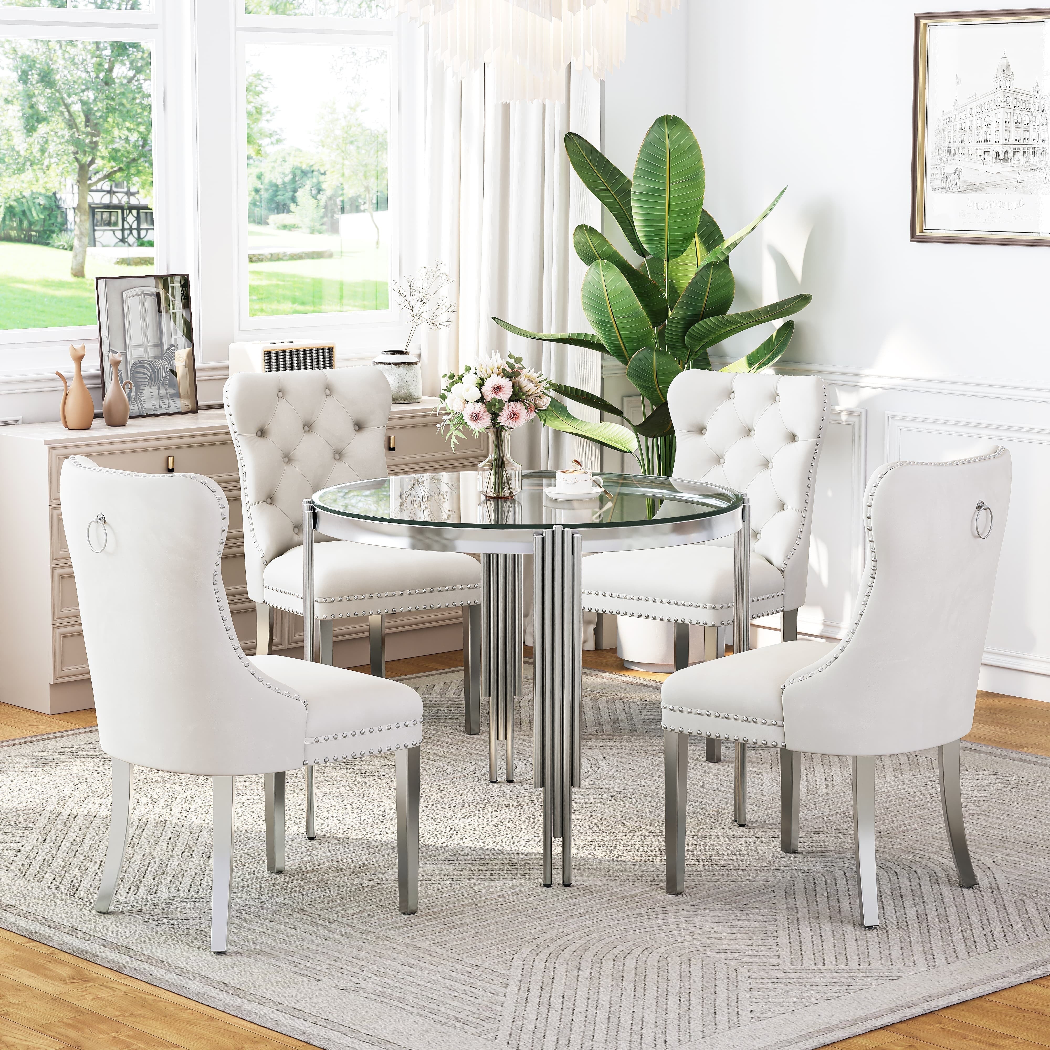 5-Piece Round Dining Table Set, Modern Glass Table Irregular Table Legs ...