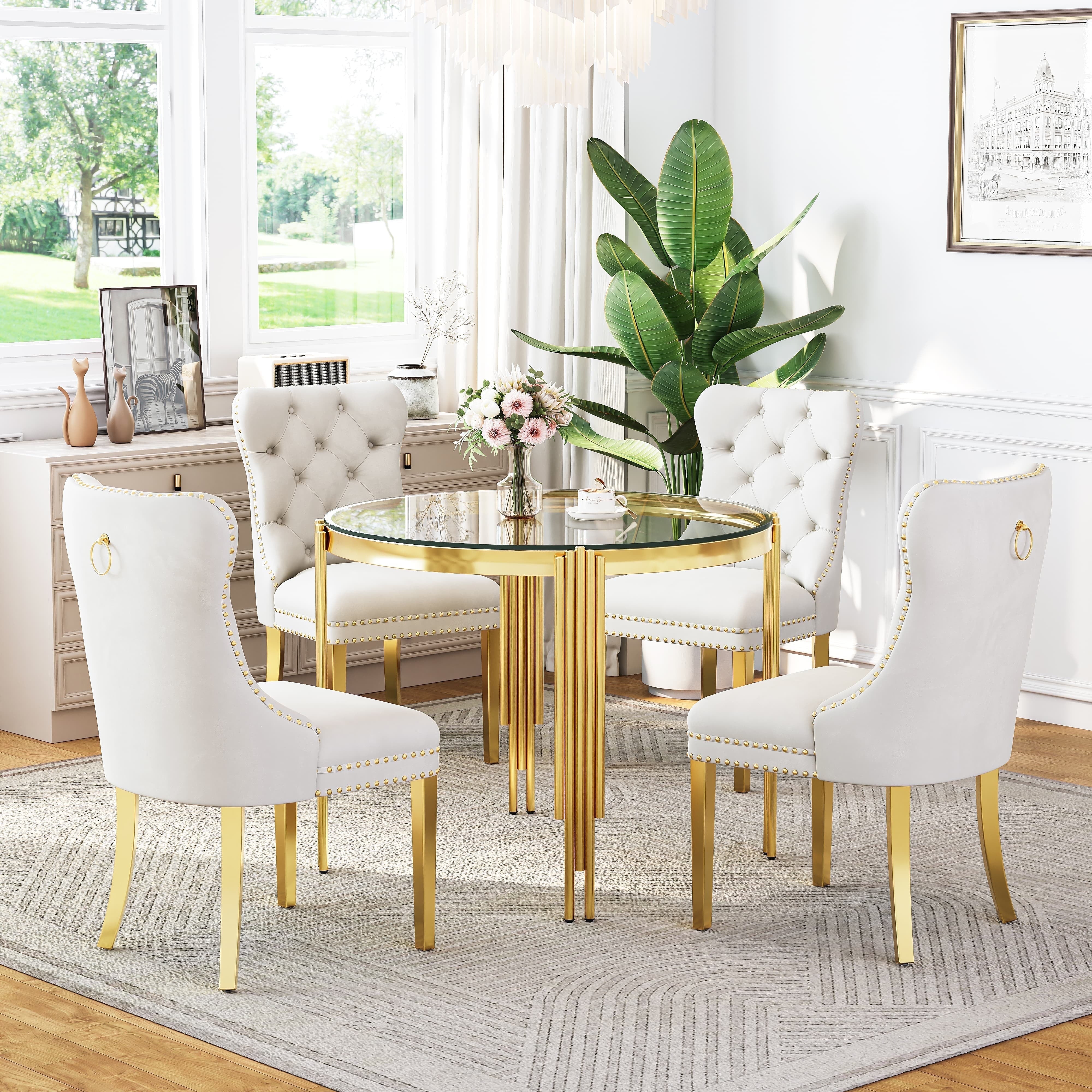 5-Piece Round Dining Table Set, Modern Glass Table Irregular Table Legs ...