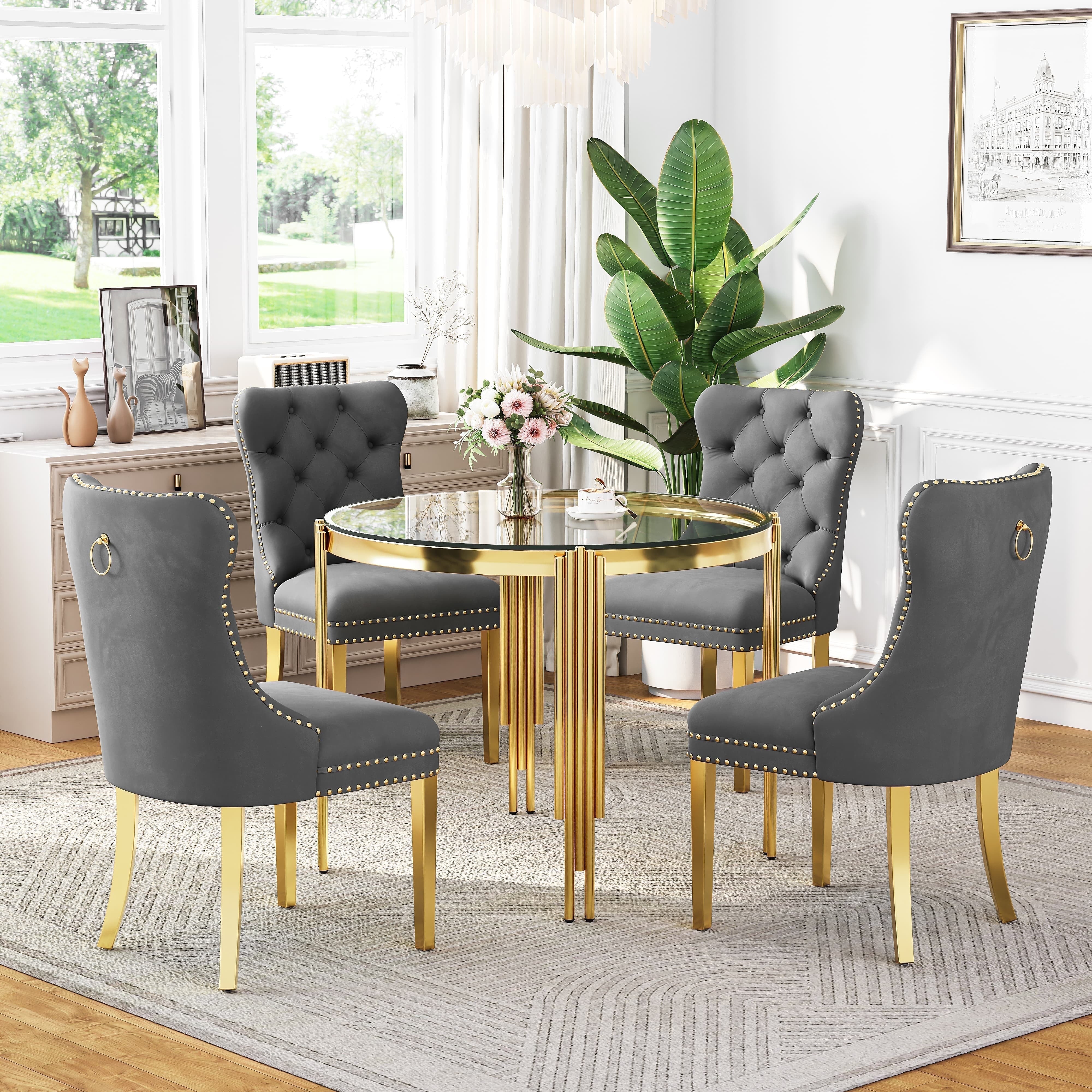 5-Piece Round Dining Table Set, Modern Glass Table Irregular Table Legs ...