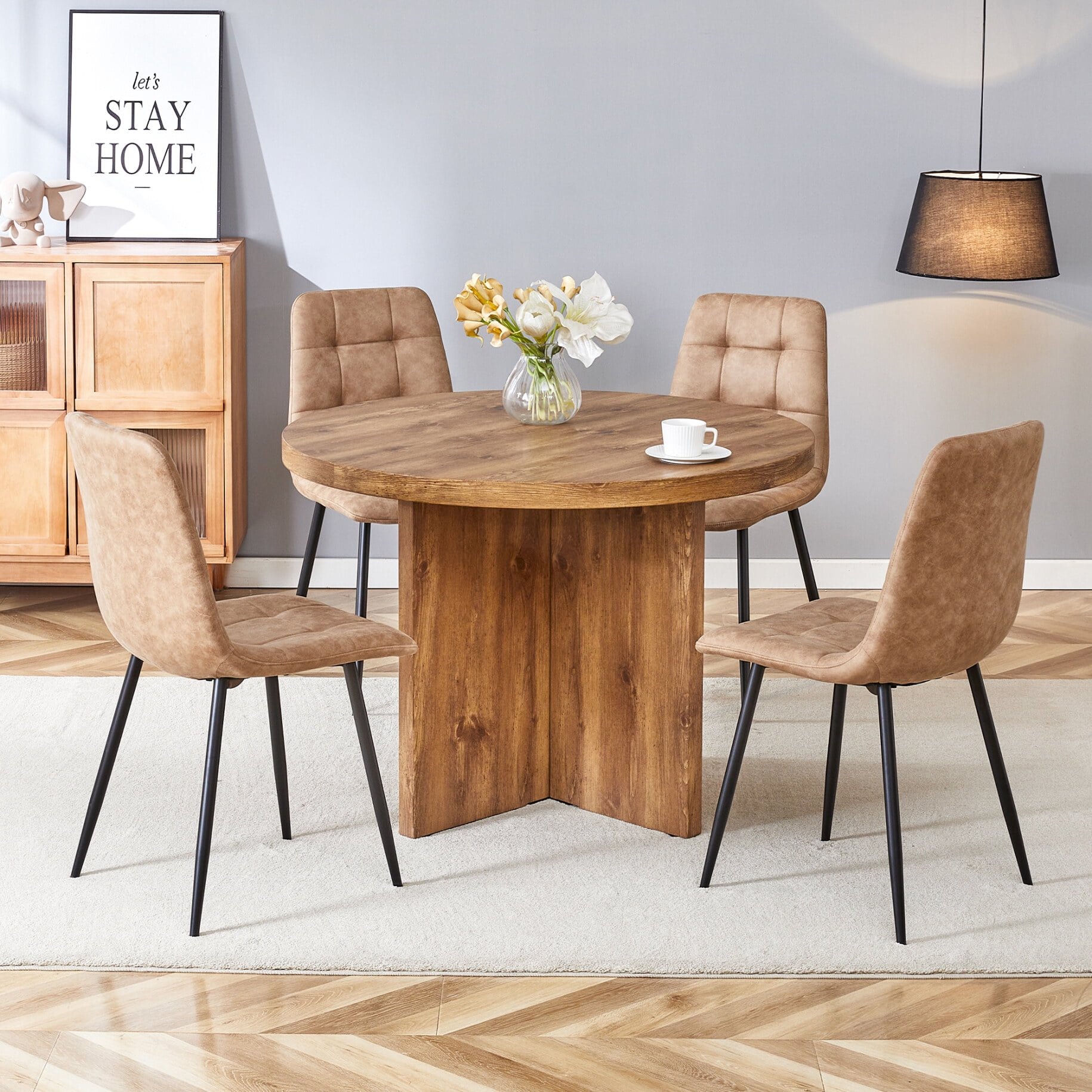 5-Piece Round Dining Table Set with Modern Table and 4 Padded Chairs for Dining Room, Kitchen ...