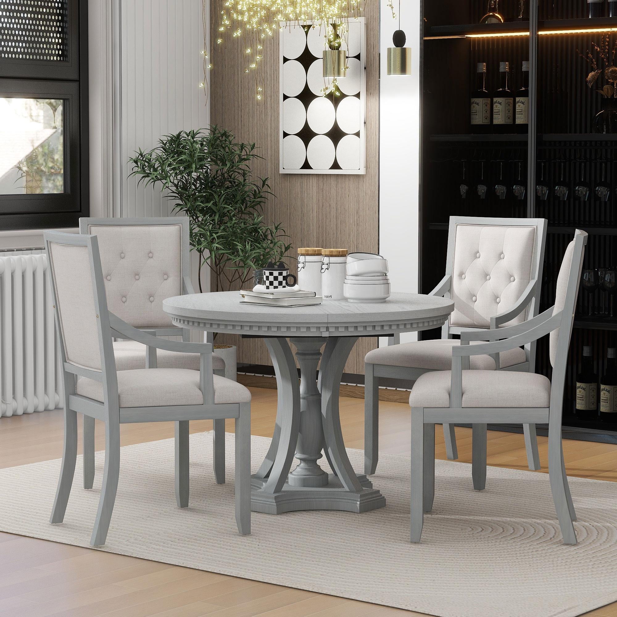 TUANLUO 5-Piece Round Indoor Dining Table Set, Extendable Wood Table ...