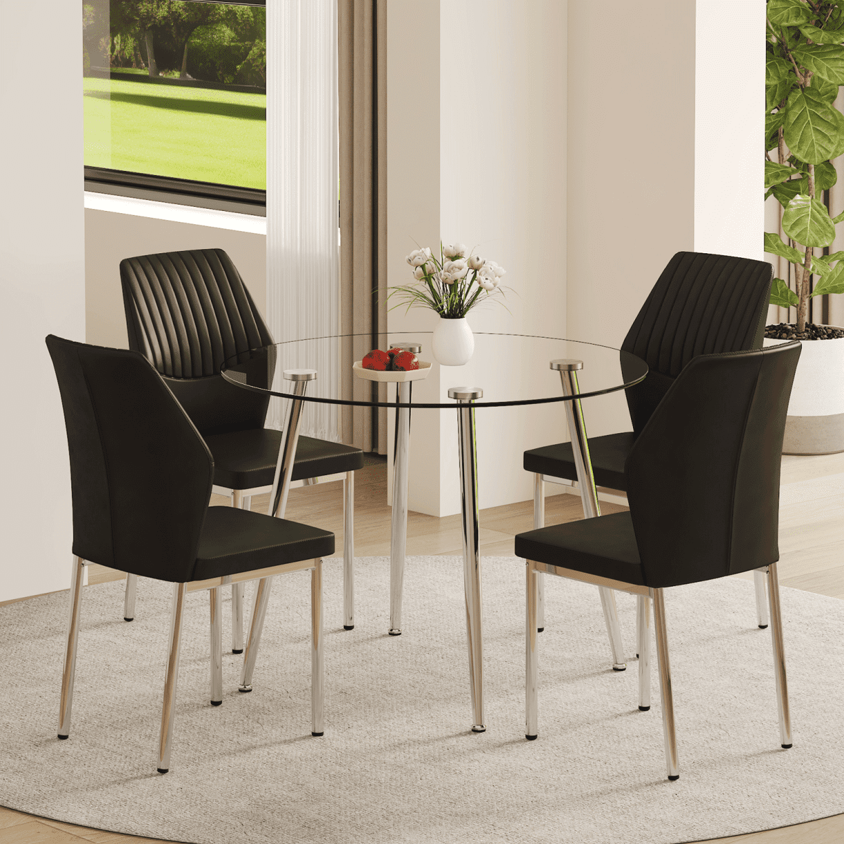 5-Piece Round Dining Table Set With 38.6 Inch Tempered Glass Top And 4 ...