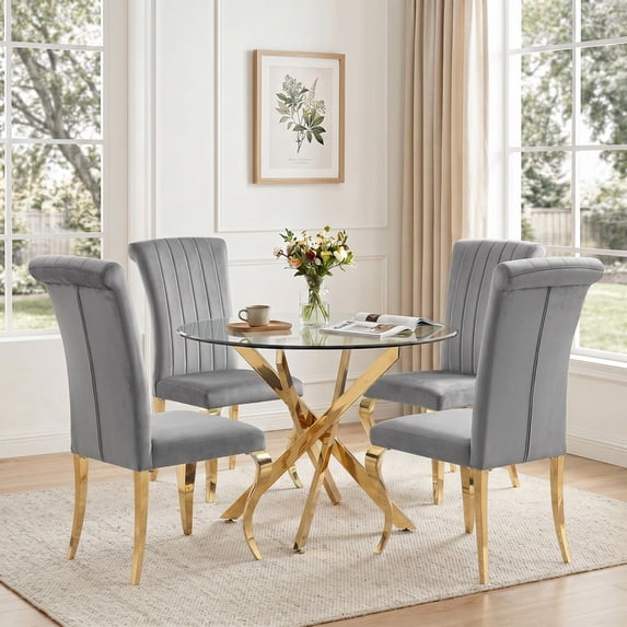 5-Piece Round Glass Dining Table Set, 36" Tempered Glass Table with 4 ...