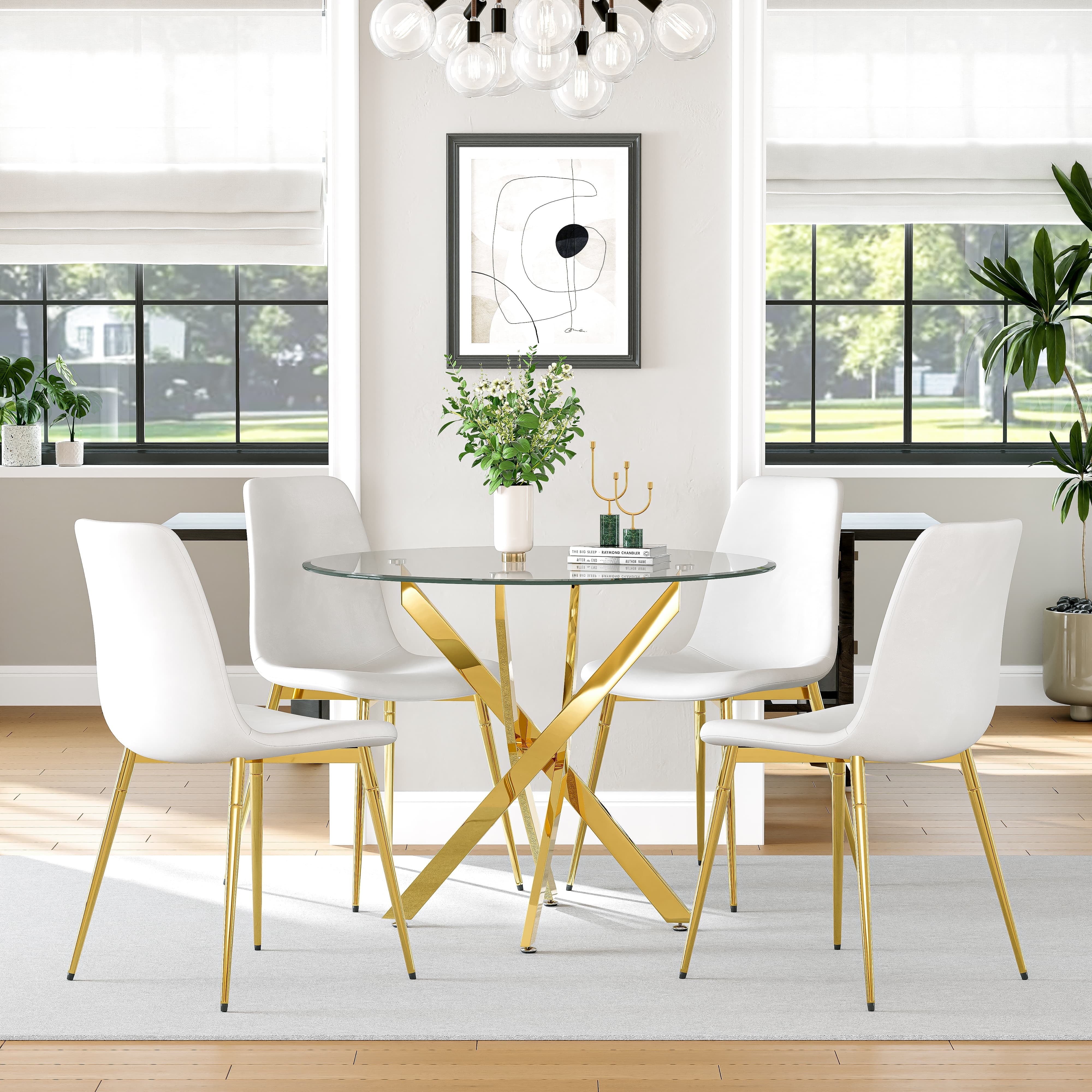 5-Piece Round Glass Dining Table Set, 36" Transparent Tempered Glass ...