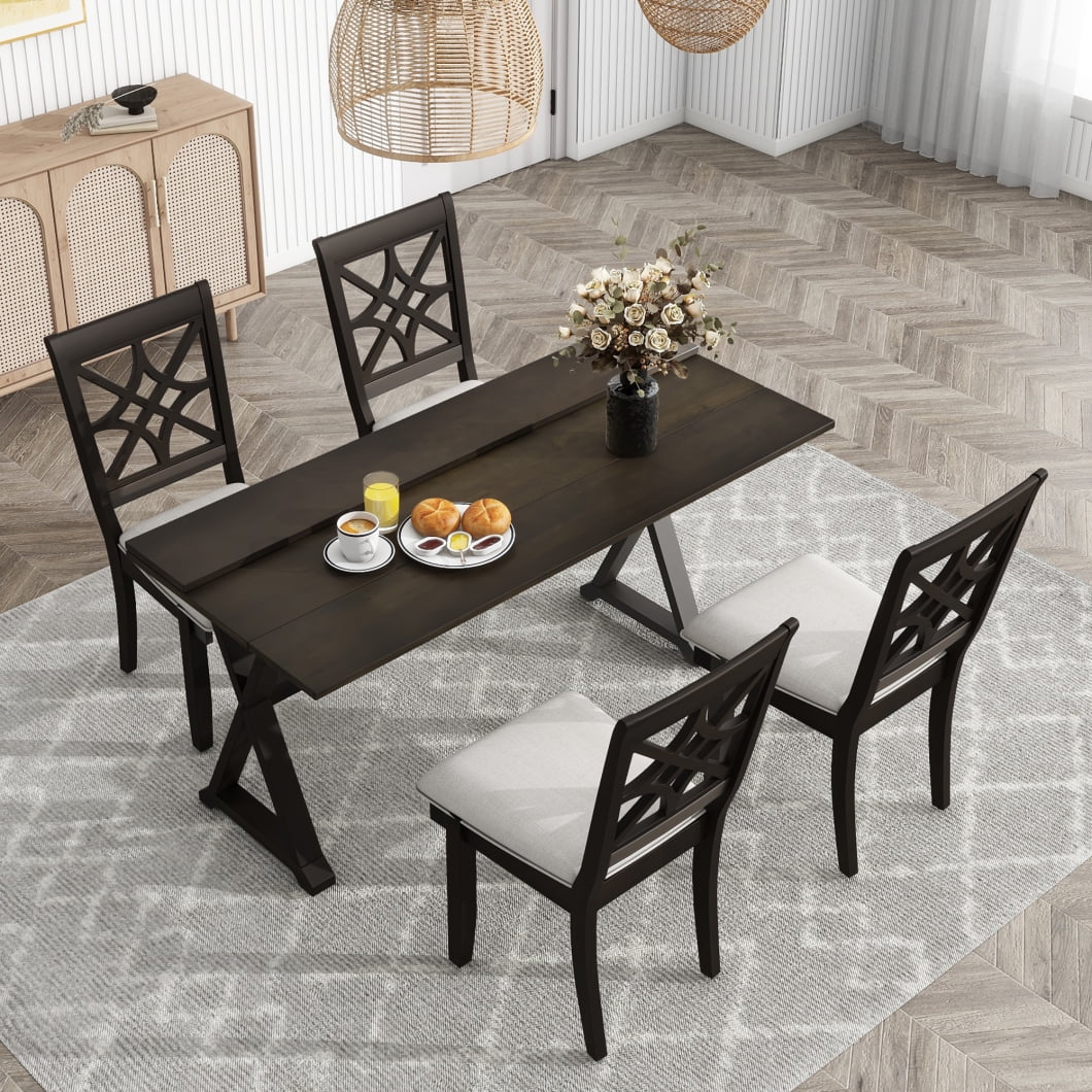 5-Piece Rubber Wood Dining Table Set,Extendable Kitchen Table with X ...