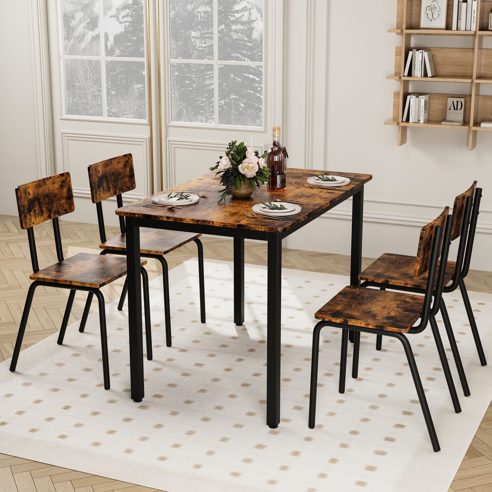 5-Piece Rustic Brown Dining Table Set | Wide Use in Home, Kitchen, etc ...