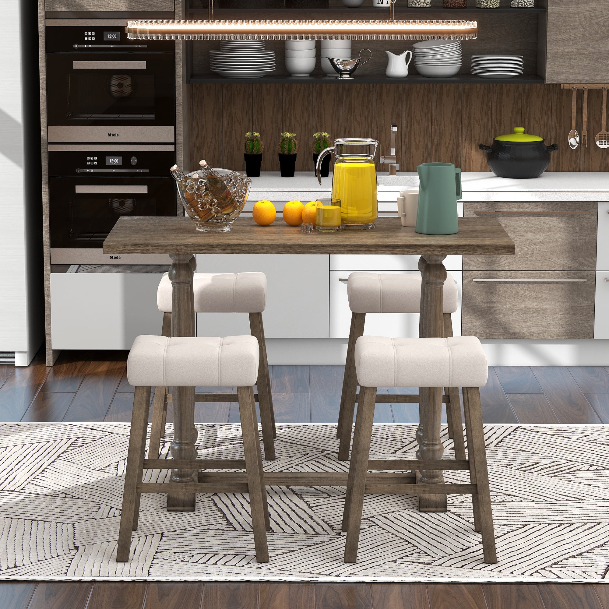 5 Piece Rustic Counter Height Solid Wood Dining Room Set with Fabric ...