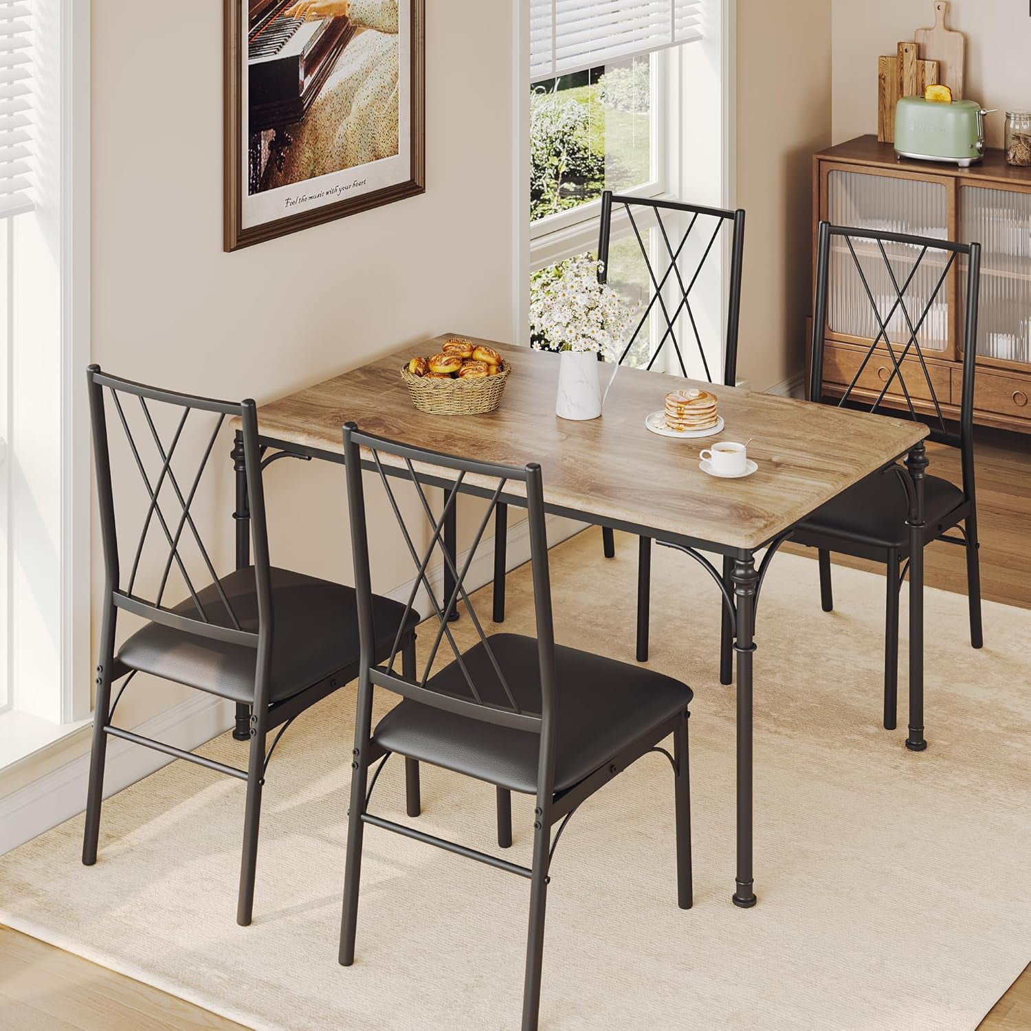 5-Piece Rustic Dining Set for 4, Compact Kitchen Table & Upholstered ...
