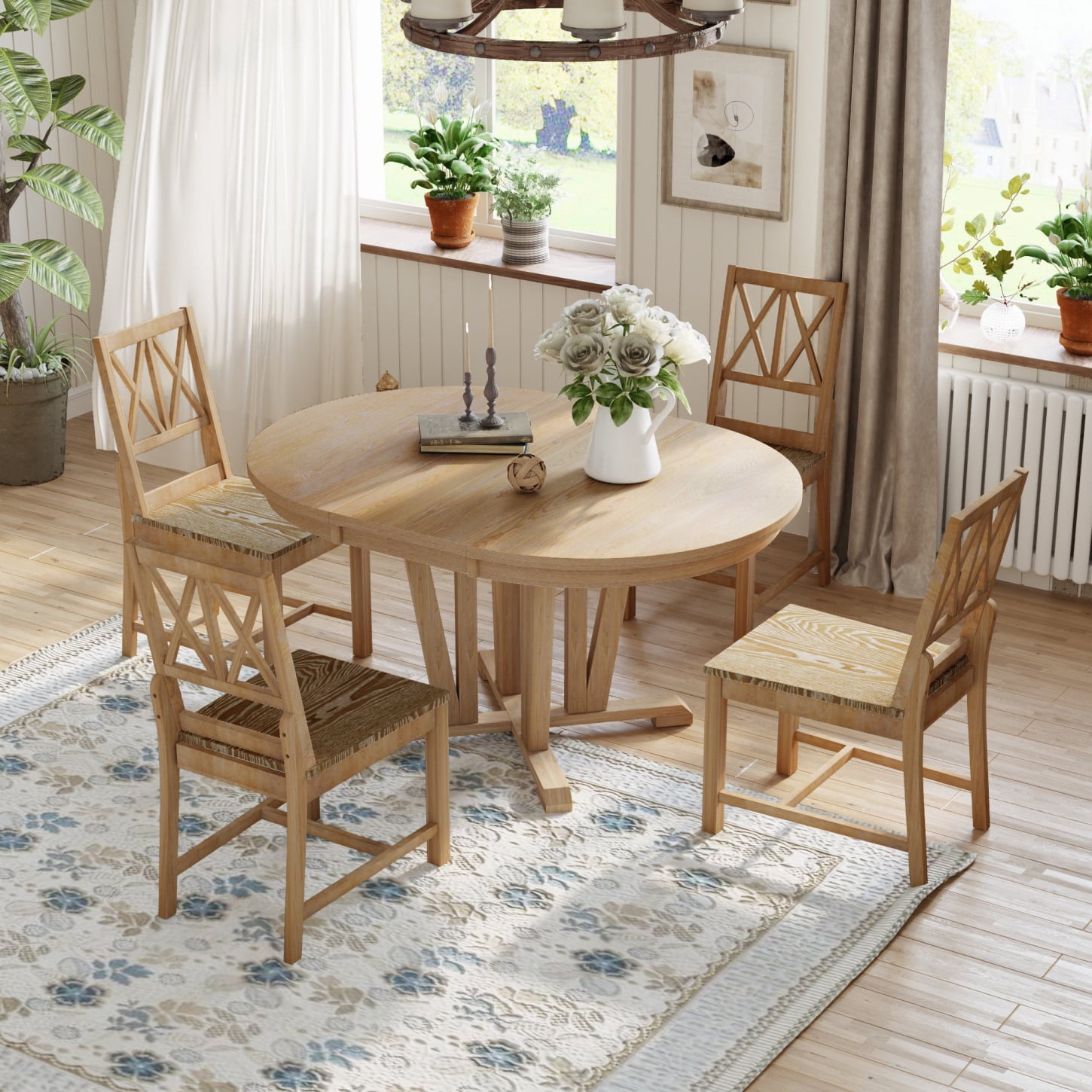 5-Piece Rustic Extendable Dining Table Set, Round Trestle Table and 4 ...