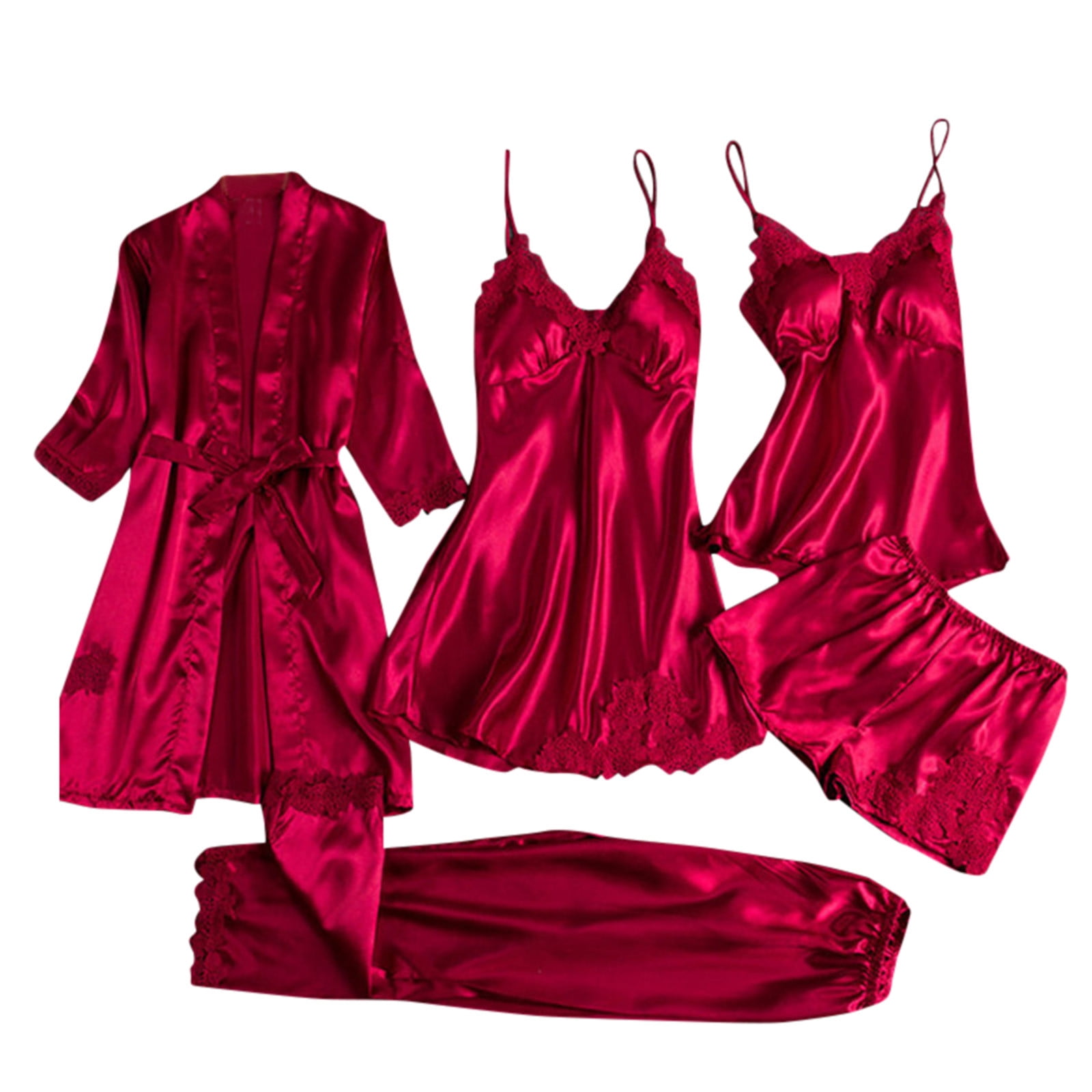 5 Piece Satin Pajama Sets for Women Lace Silk Pjs Lounge Sets Sleepwear ...