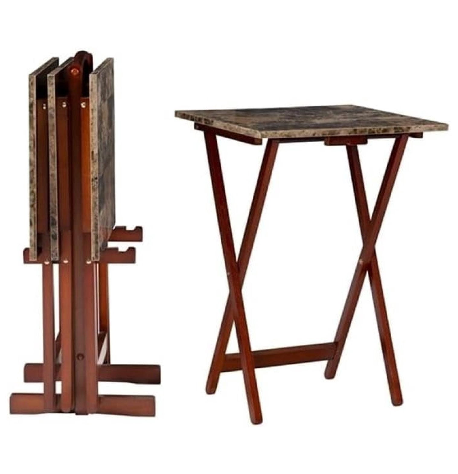 5 Piece Set Faux Marble TV Tray Table Stand in Brown, 4 Tray Tables & 1 ...