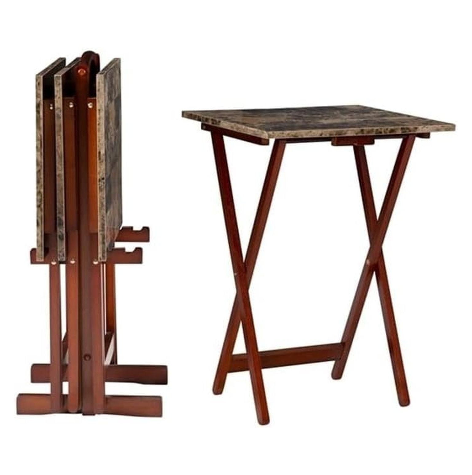 5 Piece Set Faux Marble TV Tray Table Stand in Brown, 4 Tray Tables & 1 ...