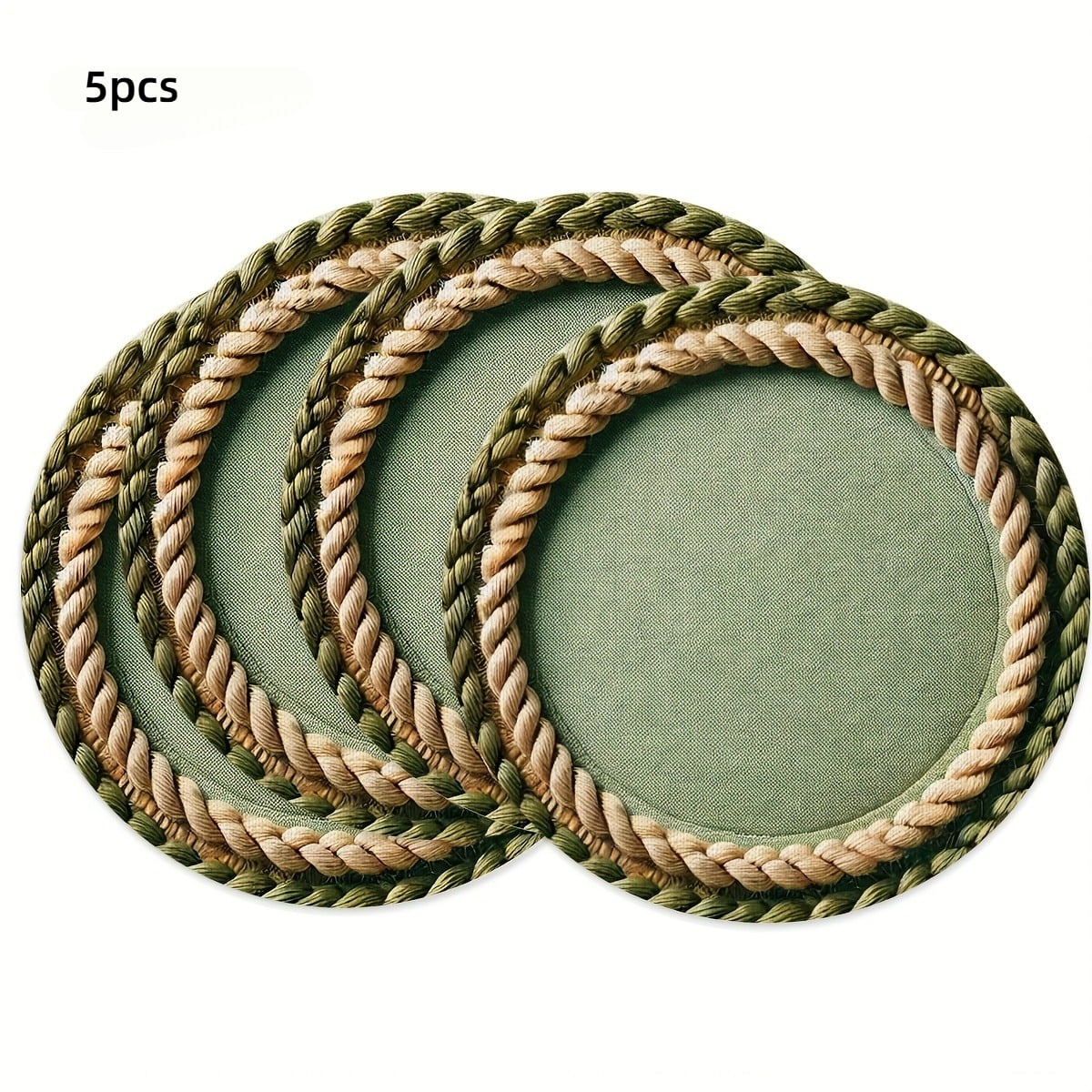 5 Piece Set Round Placemat Set, Green and Beige Rope Edge, Beige Center ...
