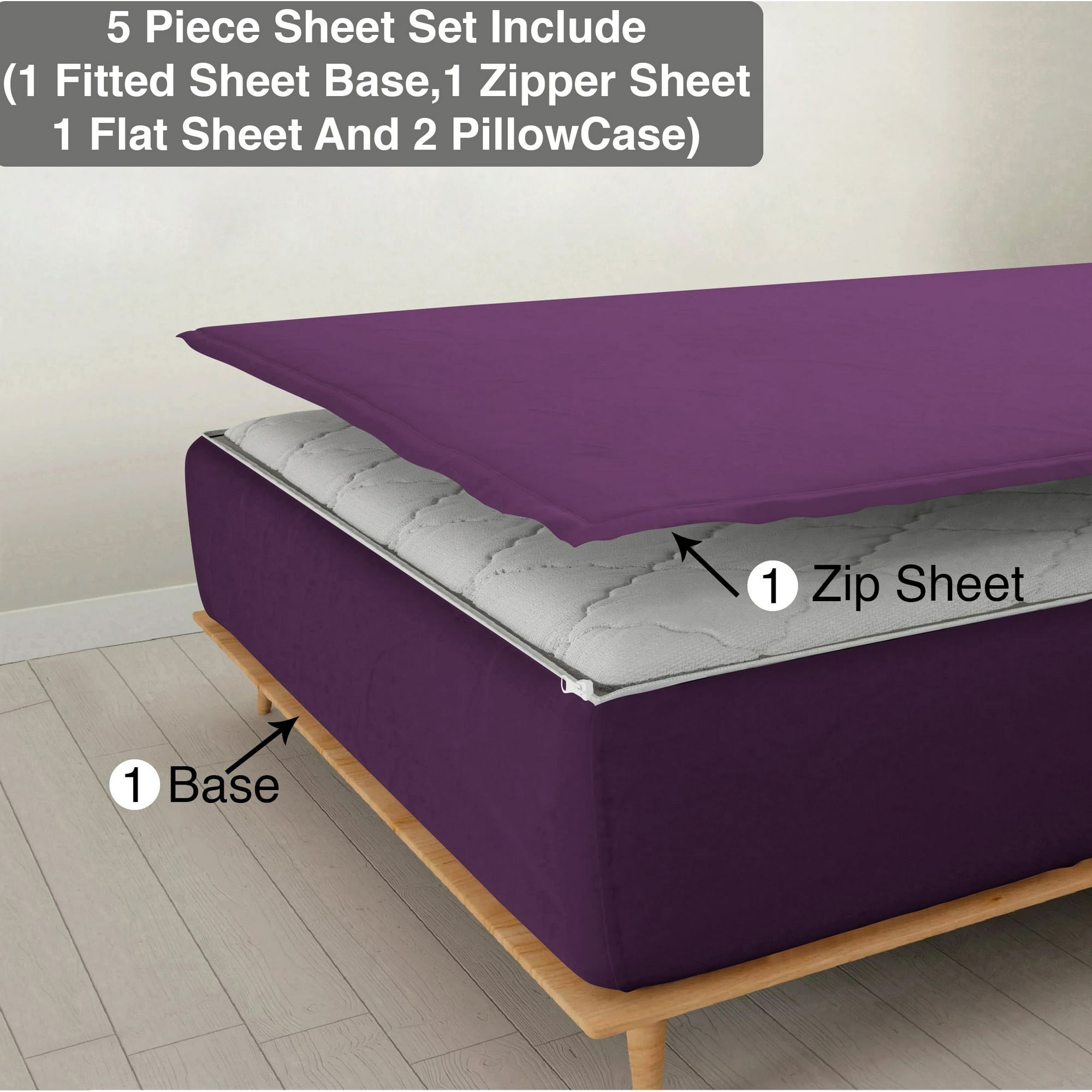 5 Piece Sheet has Zipper Sheet Set, Queen Size 8 Inch Deep Pocket, 800 ...