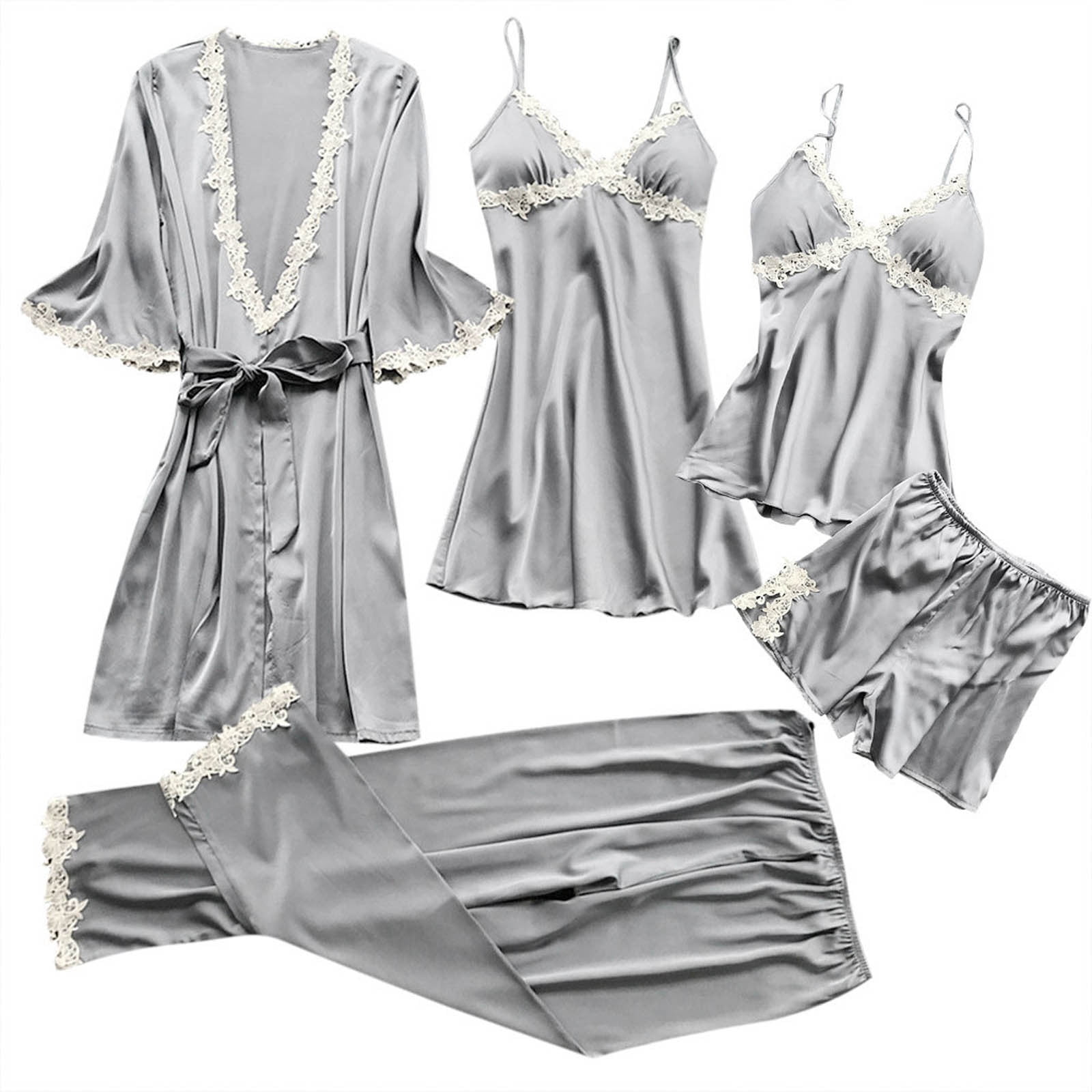5 Piece Silk Pajamas for Women Elegant Sleepwear Loungewear Soft Satin ...