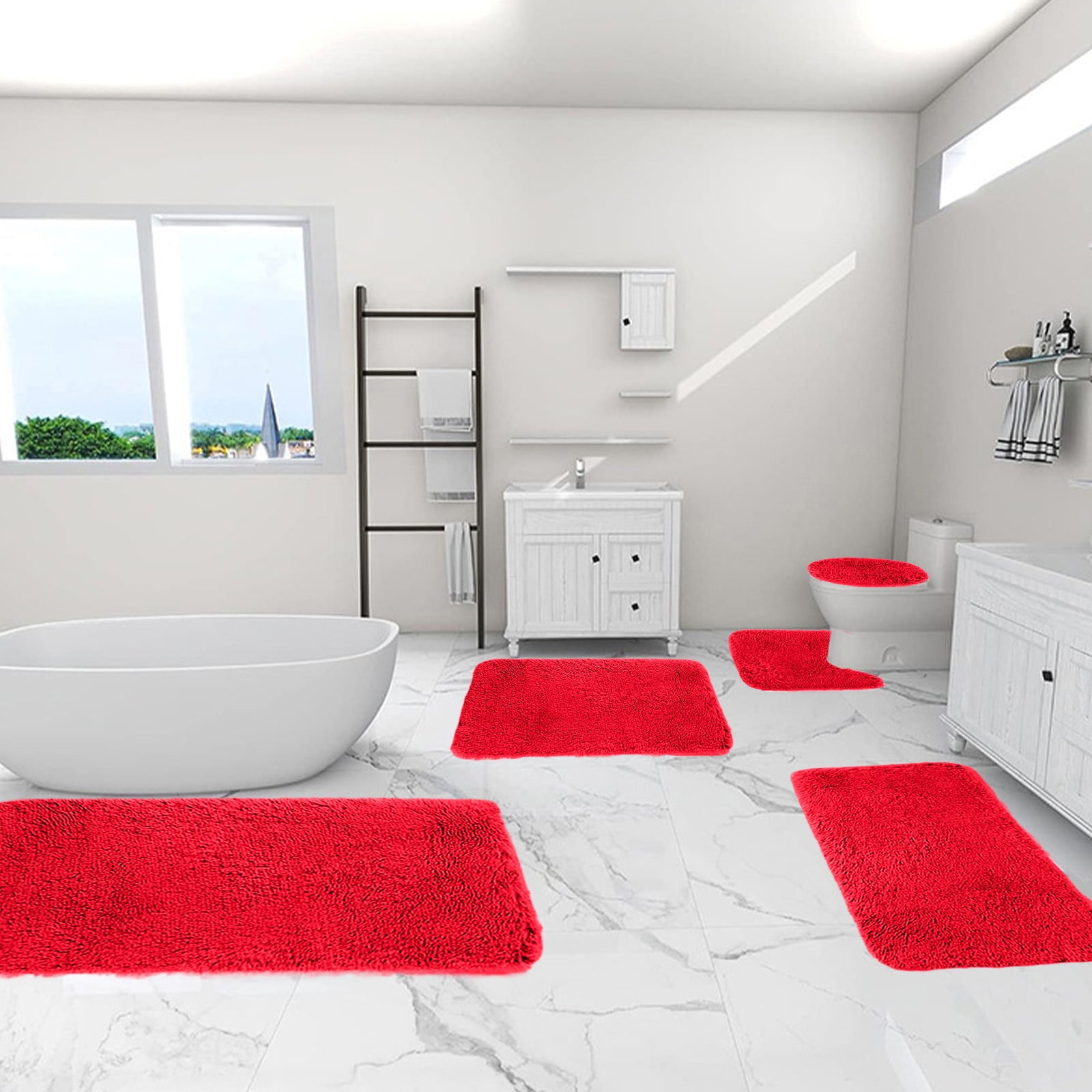 5-Piece Solid Color Bath Mat Set | Ultra Soft Long Pile Bathroom Rugs ...