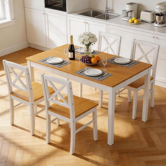5-Piece Solid Wood Dining Table Set for 4, Rubberwood Kitchen Table ...