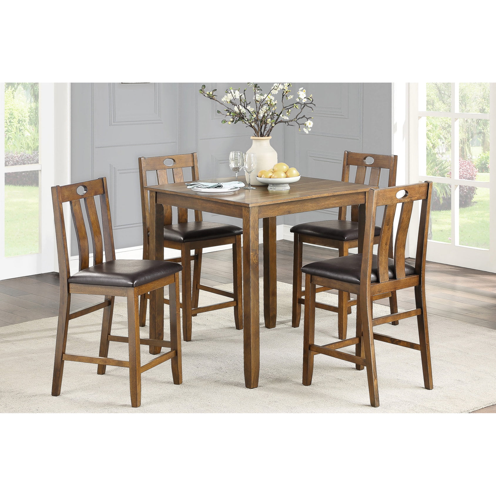 5 Piece Square Dining Set, Brown Finish, Counter Height with 4 Chairs ...
