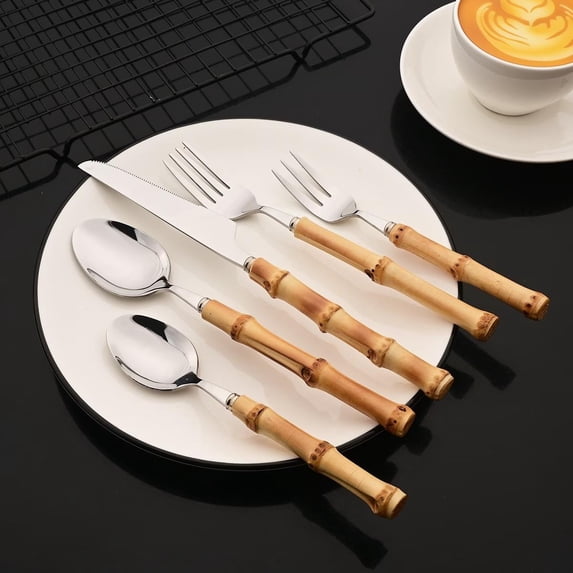 5-Piece Stainless Steel Flatware Serving Set with Bamboo Handles for ...