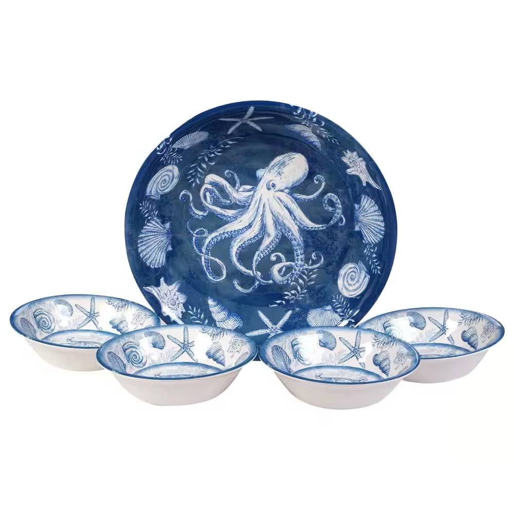 5-Piece Starfish Sea Shells Octopus Beach Dinner Bowl Set in Blue and ...