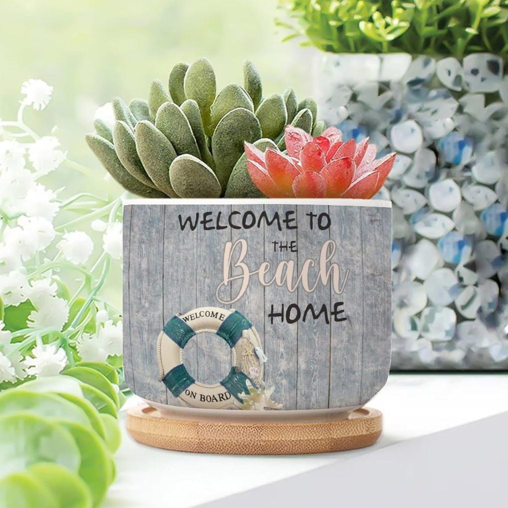 5 Piece Summer Beach Quotes Coastal Nautical Small Plant Pot Ceramic ...