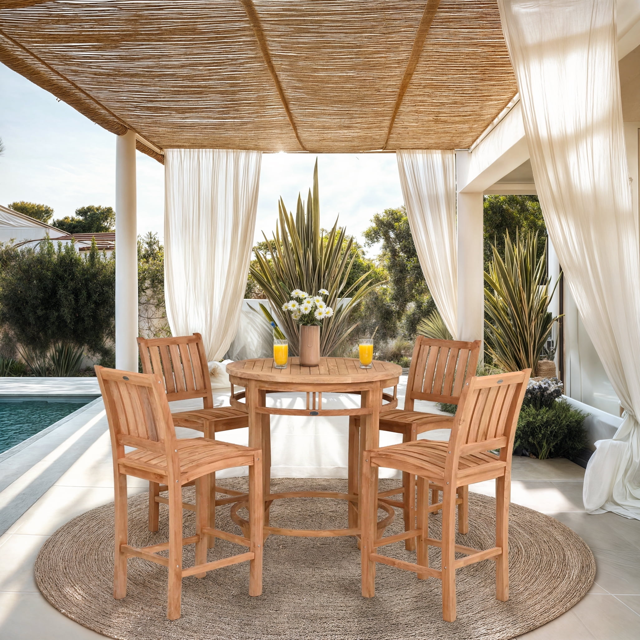 5 Piece Teak Wood Bistro Outdoor Patio Bar Set Including 38" Round ...